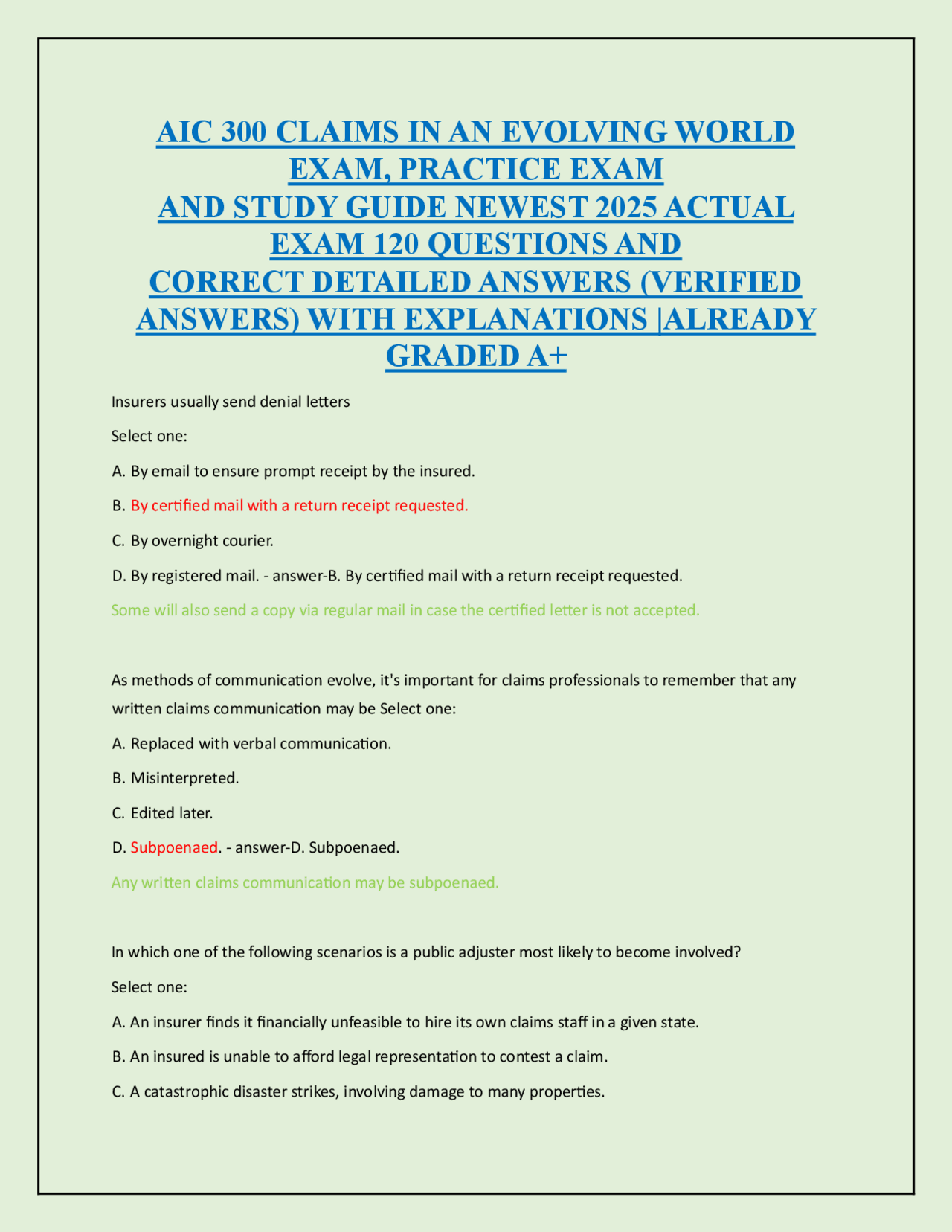 AIC 300 CLAIMS IN AN EVOLVING WORLD EXAM, PRACTICE EXAM AND STUDY GUIDE ...