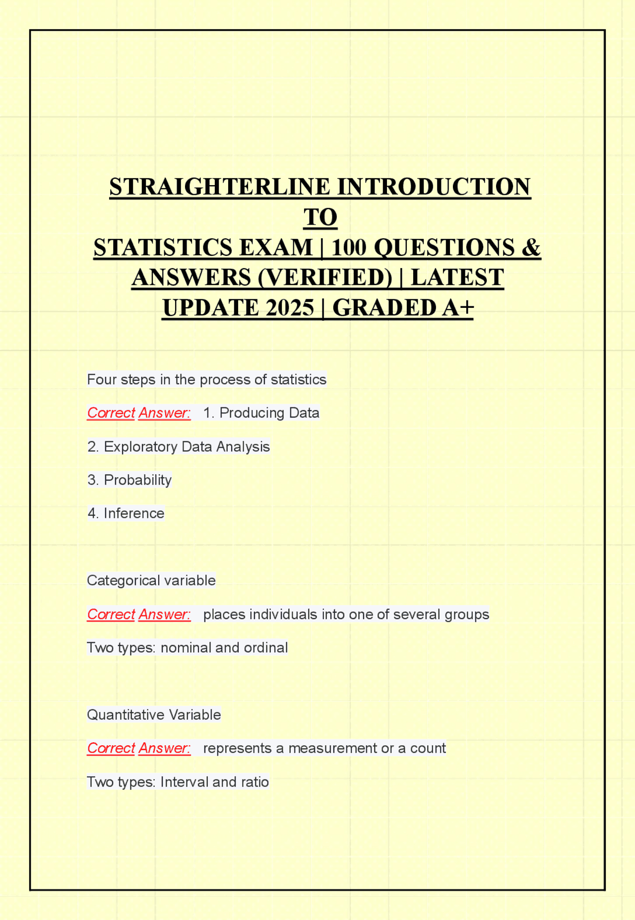 Introduction to Statistics Exam: 100 Questions & Answers (Verified ...
