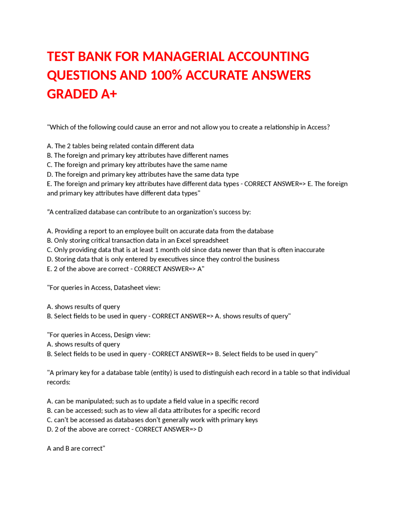 TEST BANK FOR MANAGERIAL ACCOUNTING QUESTIONS AND 100% ACCURATE ANSWERS ...
