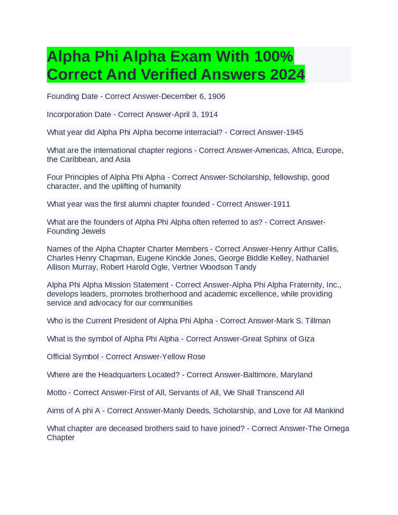 Alpha Phi Alpha Exam With 100% Correct And Verified Answers 2024 ...