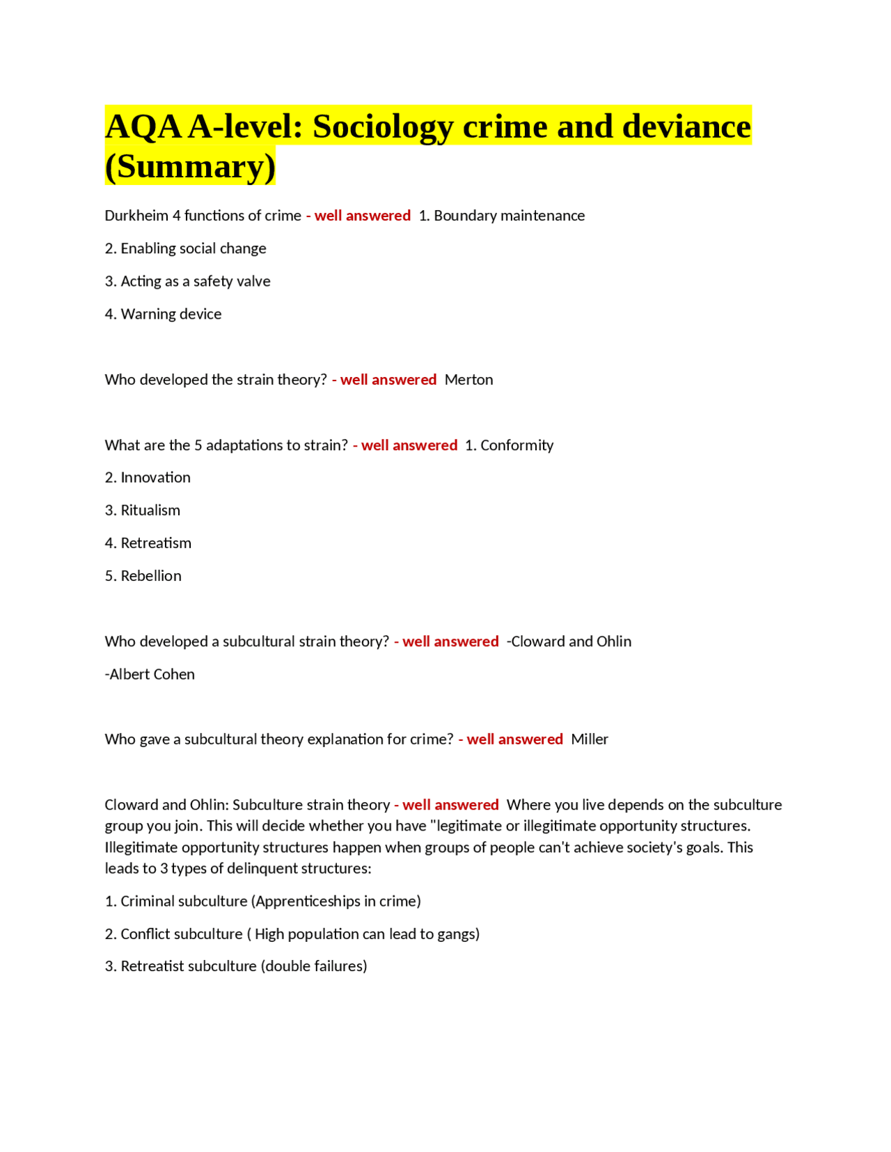 AQA A-level Sociology: Crime and Deviance - Summary and Key Theories ...