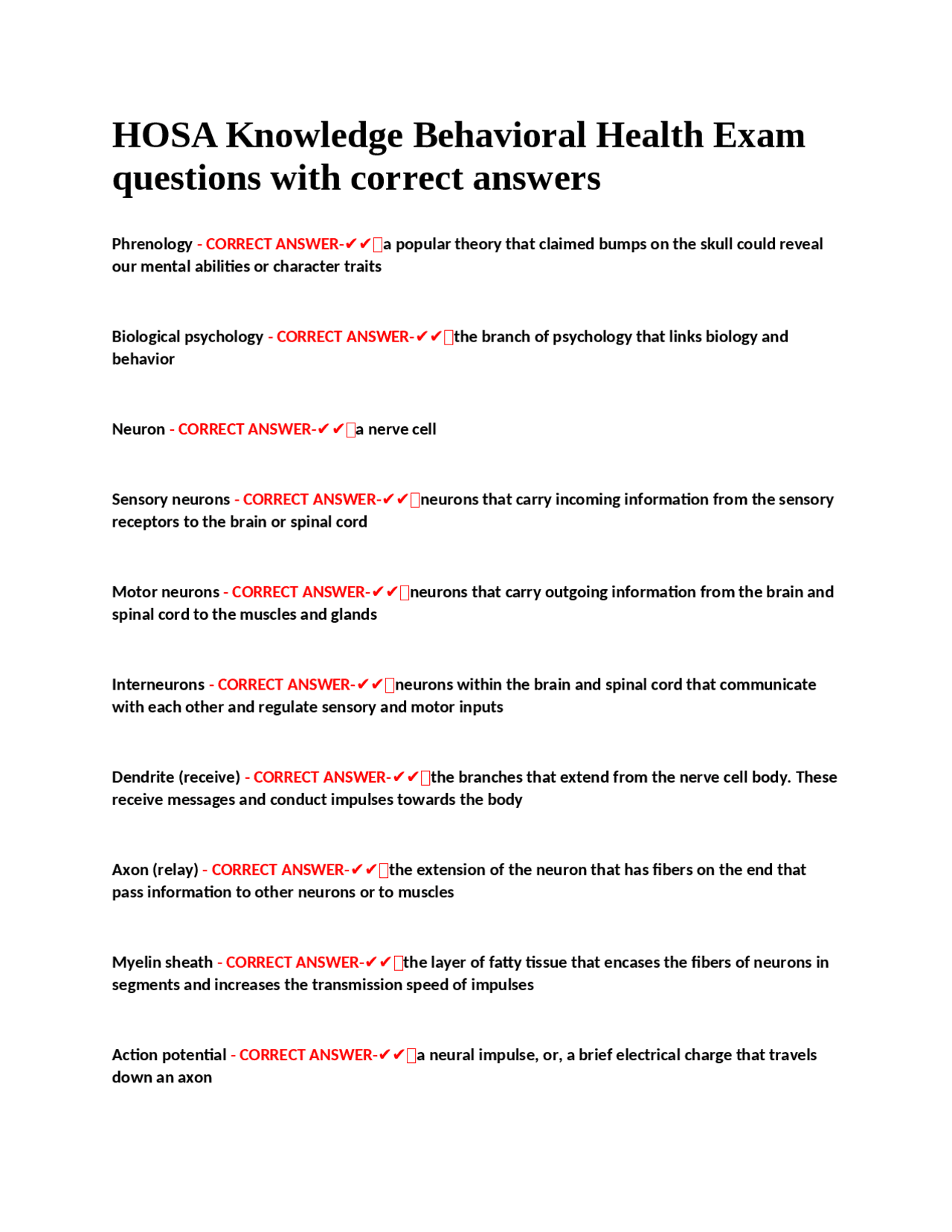 HOSA Knowledge Behavioral Health Exam questions with correct answers ...