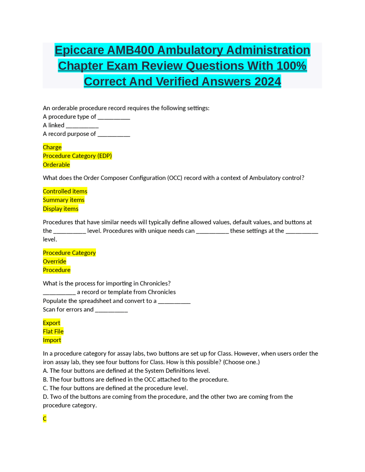 Epiccare AMB400 Ambulatory Administration Chapter Exam Review Questions ...