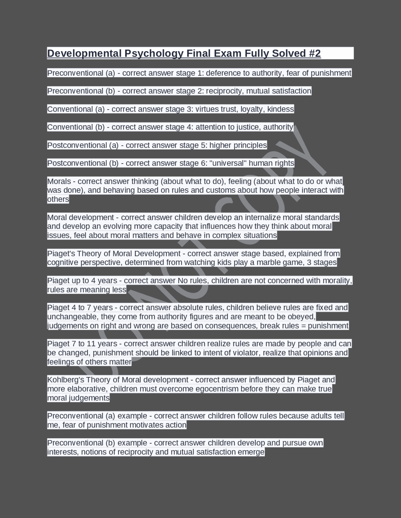 Developmental Psychology Final Exam Fully Solved #2 | Exams Psychology | Docsity