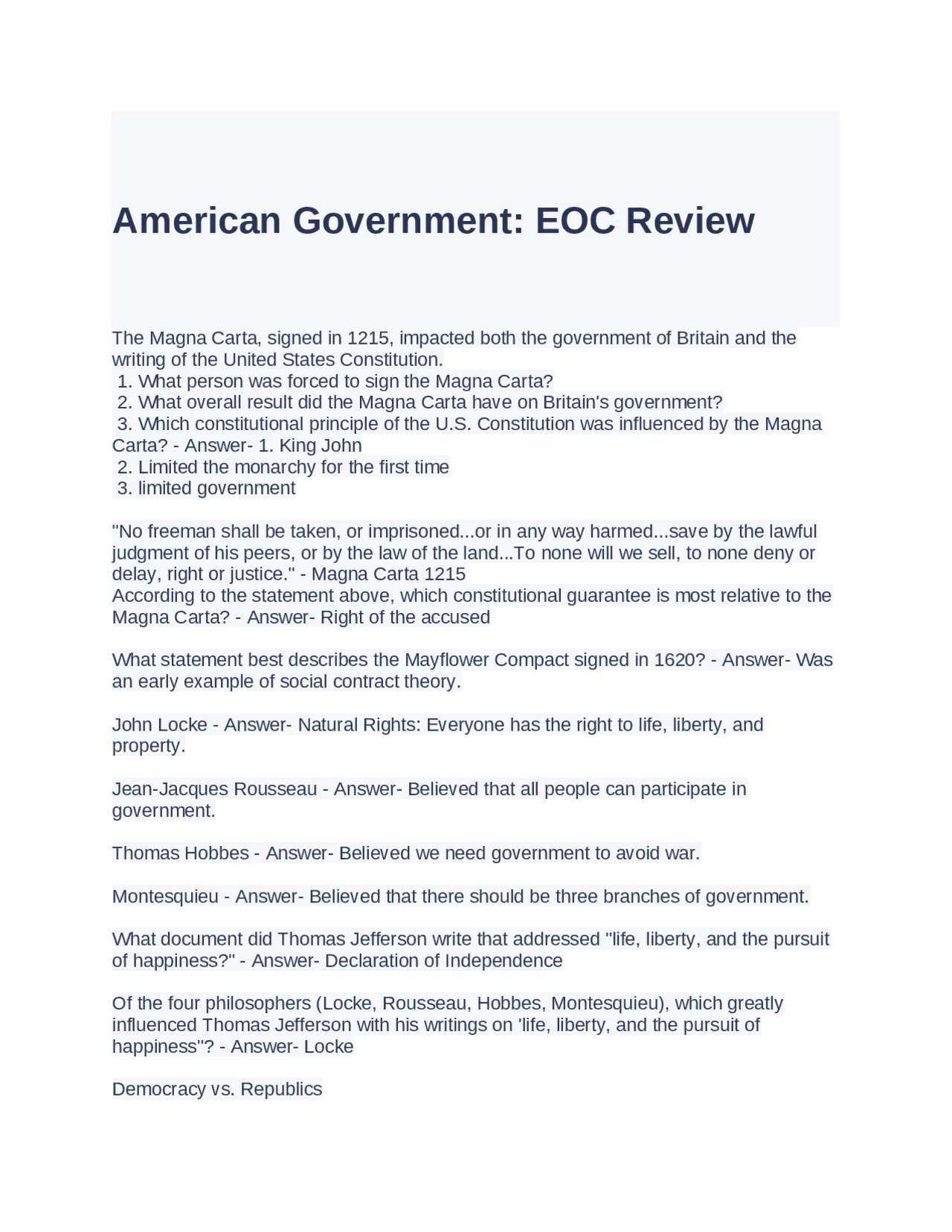American Government: EOC Review - Key Concepts and Practice Questions ...