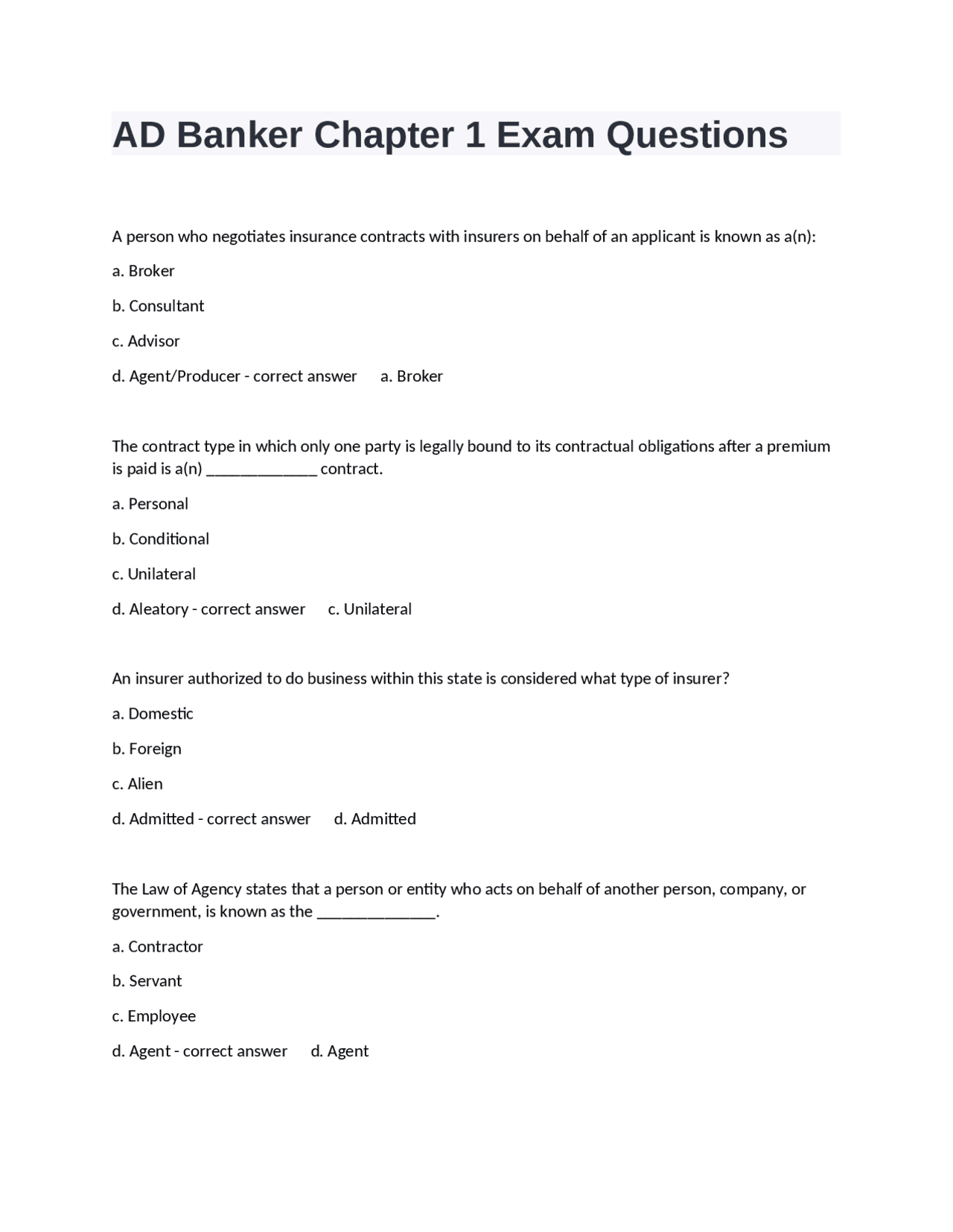 AD Banker Chapter 1 Exam Questions and Answers | Exams Nursing | Docsity