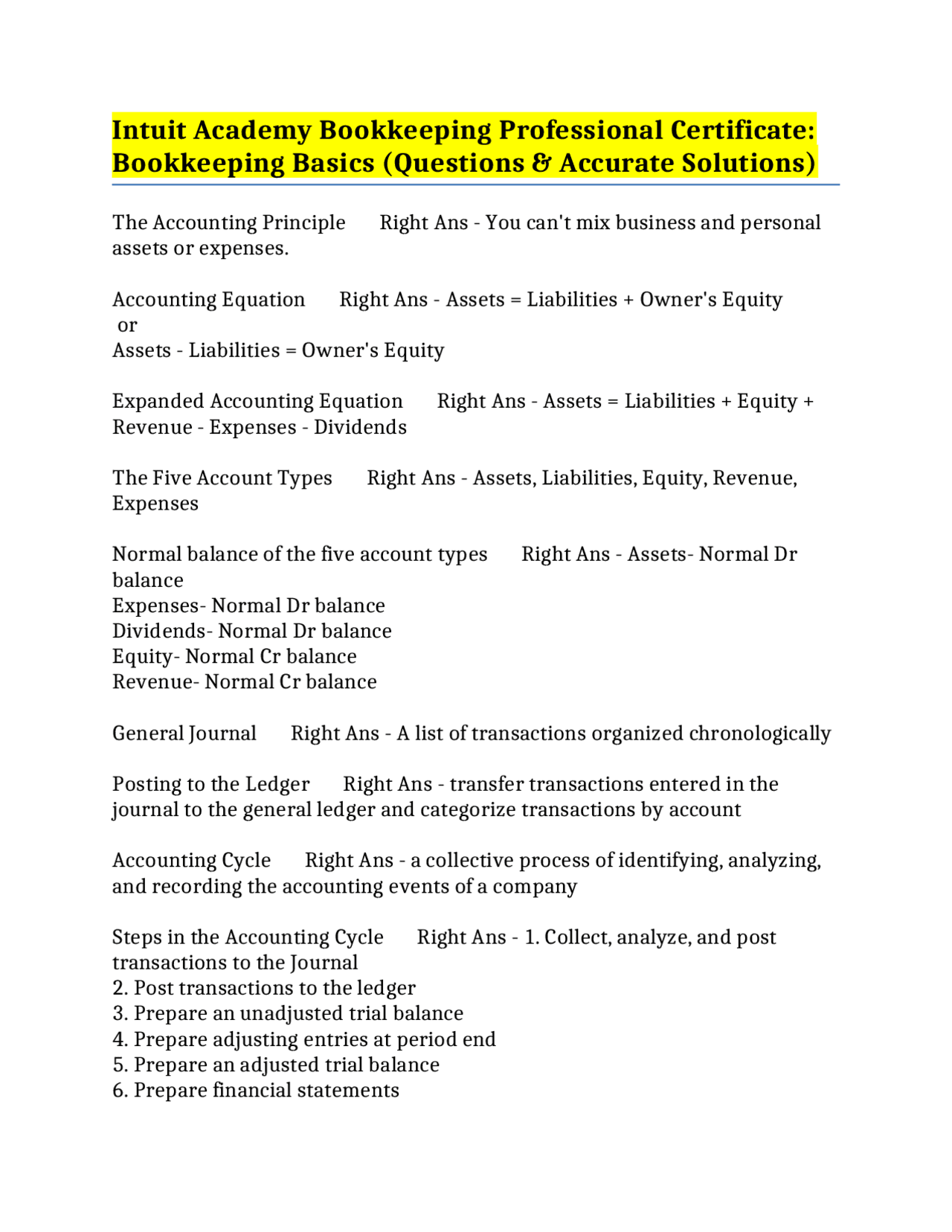 Intuit Academy Bookkeeping Basics: Questions & Solutions | Exams ...