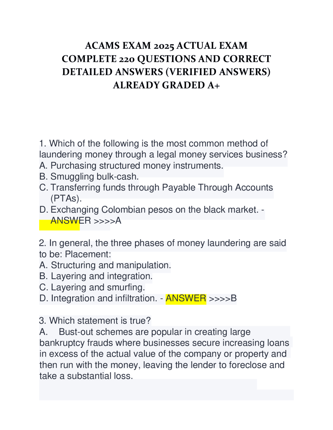 ACAMS EXAM 2025 ACTUAL EXAM COMPLETE 220 QUESTIONS AND CORRECT DETAILED ...