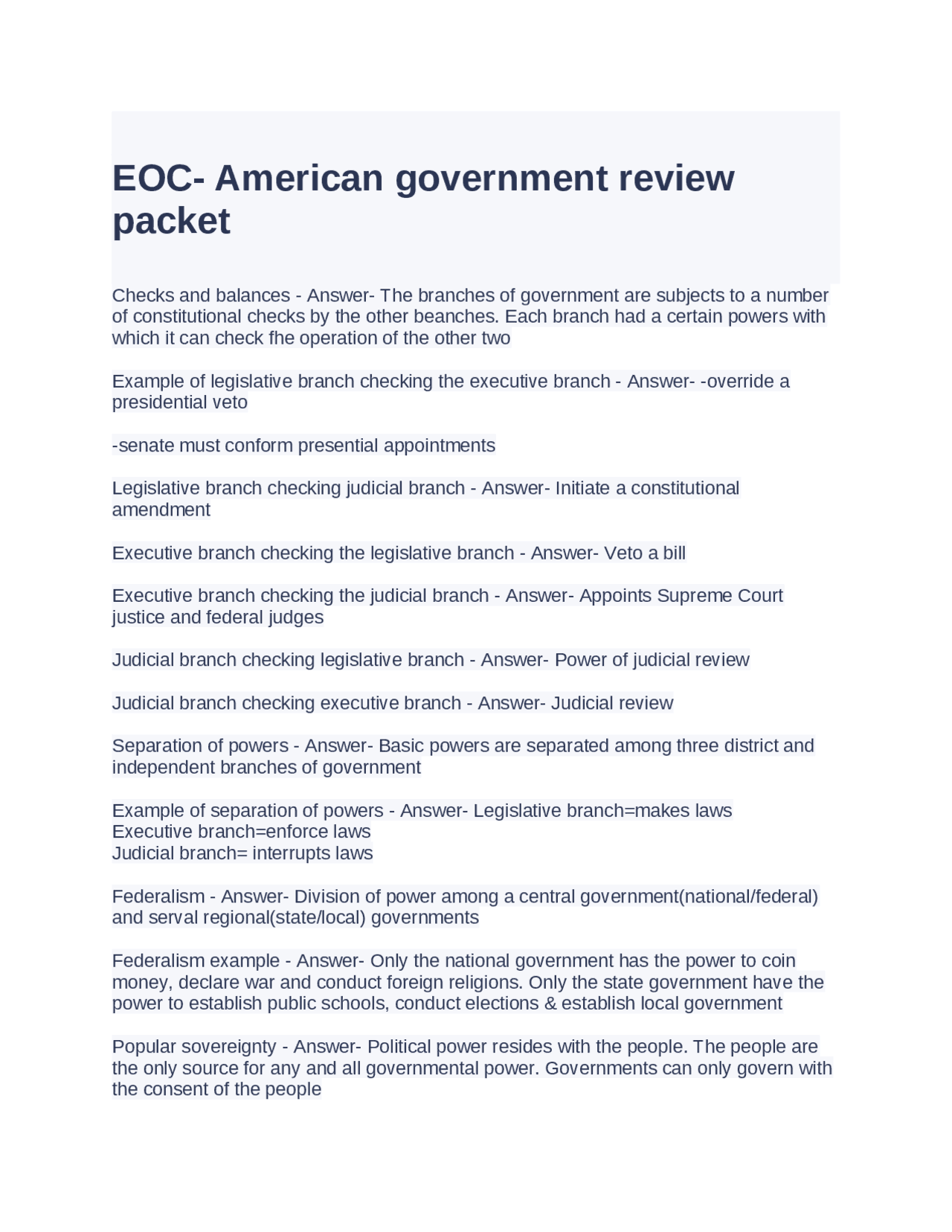 American Government Review Packet: Checks and Balances, Separation of ...