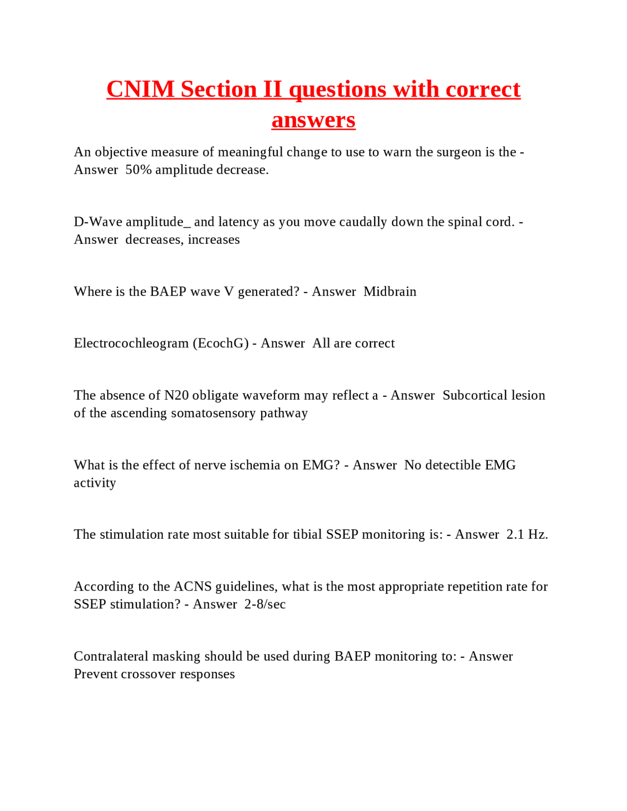 Neurophysiology: CNIM Section II Questions and Answers | Exams Nursing ...
