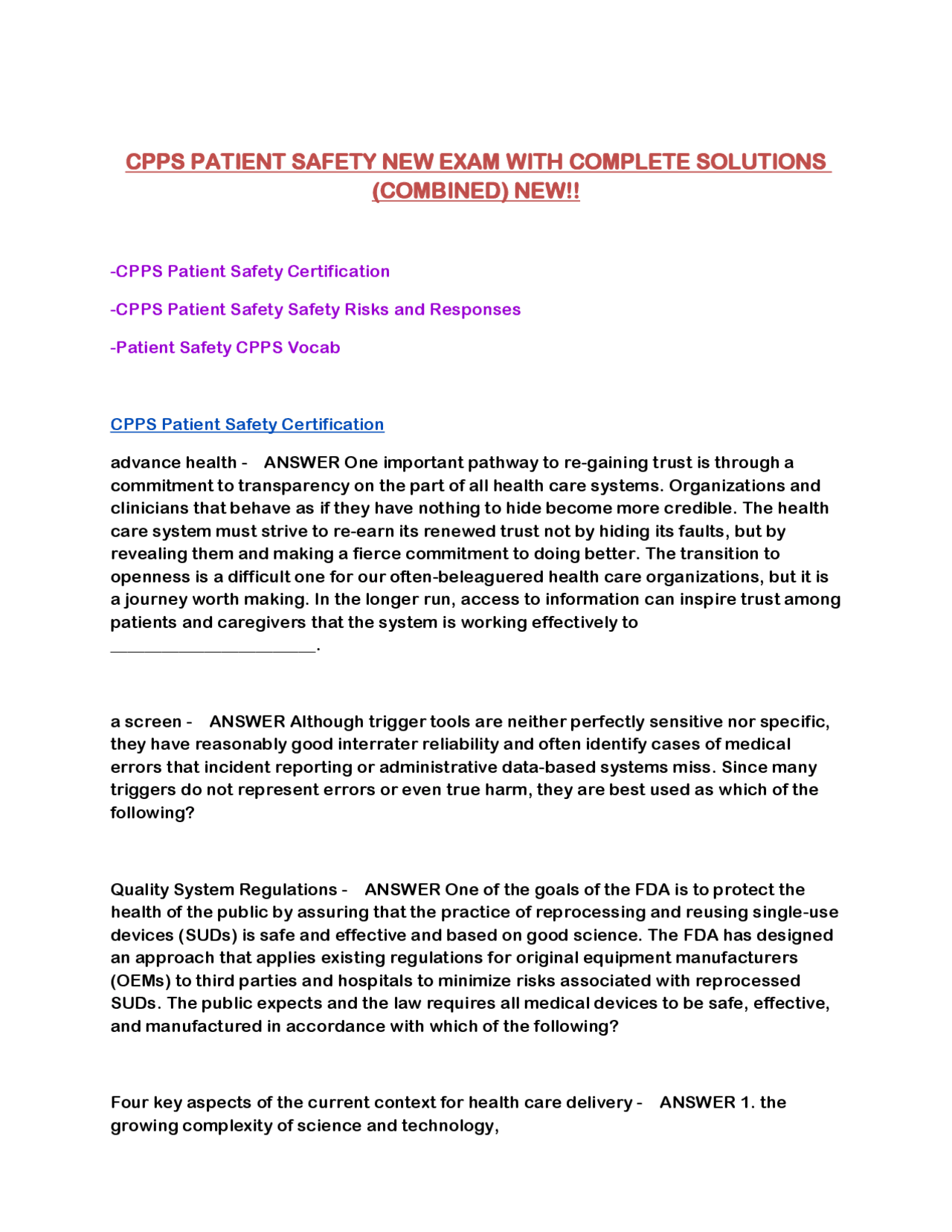 CPPS PATIENT SAFETY NEW EXAM WITH COMPLETE SOLUTIONS (COMBINED) NEW ...