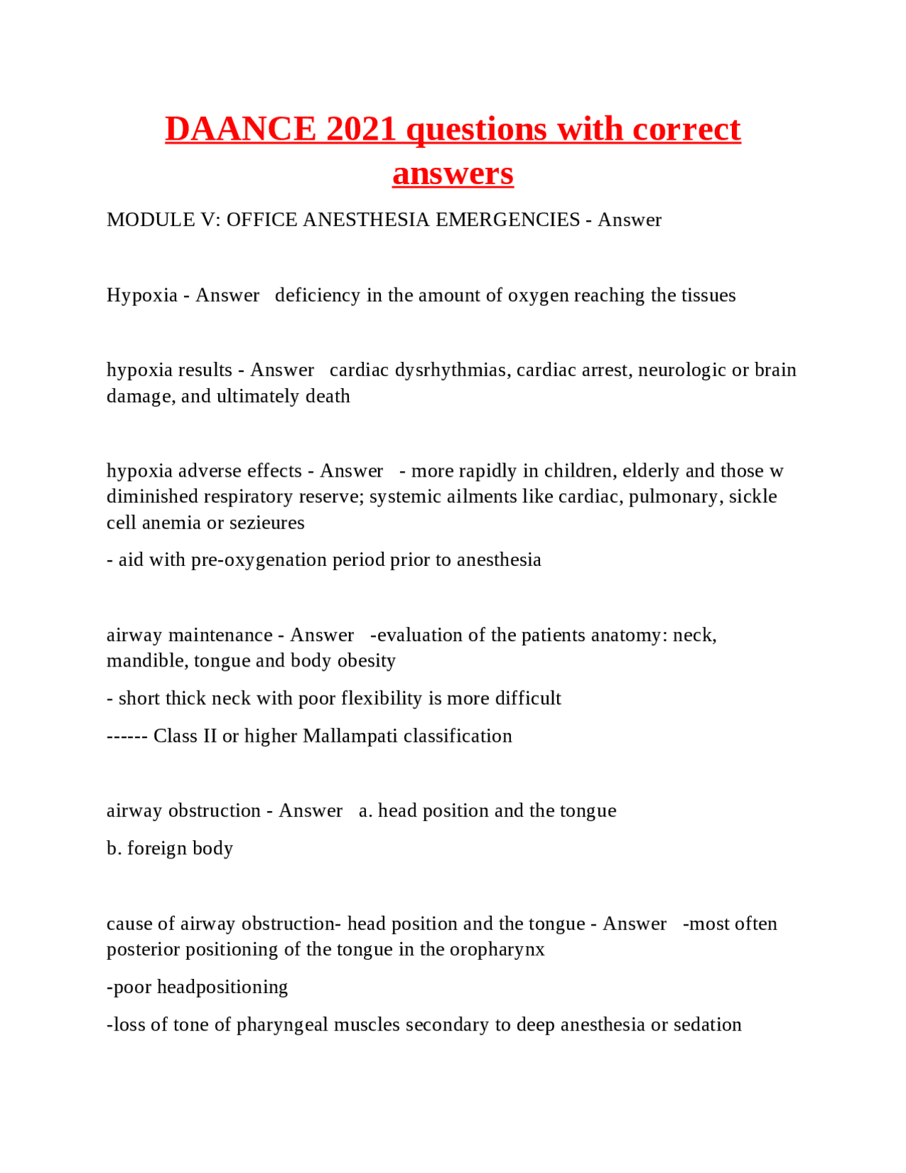 DAANCE 2021: Office Anesthesia Emergencies - Questions and Answers | Exams Nursing | Docsity