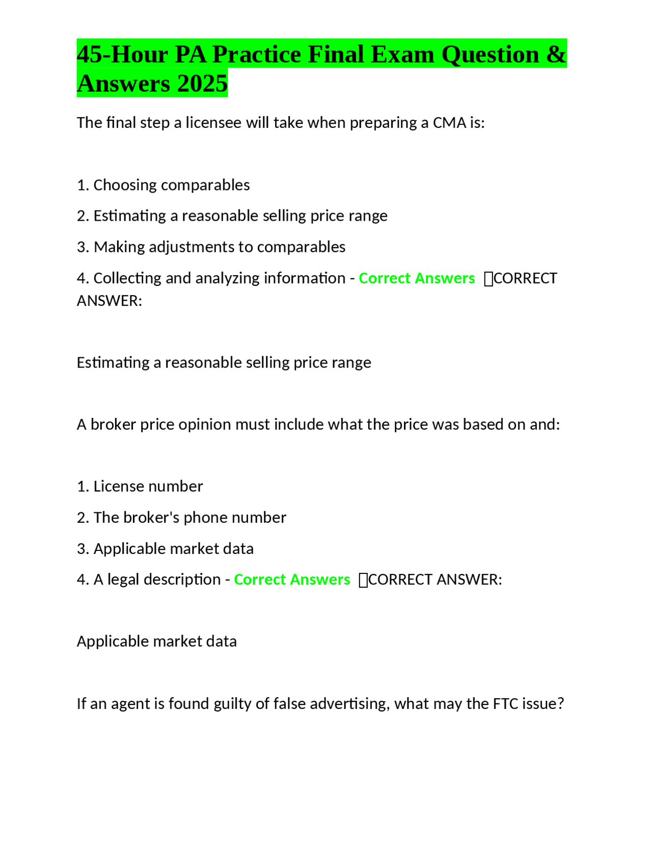 45-Hour PA Practice Final Exam Questions & Answers 2025: Real Estate ...