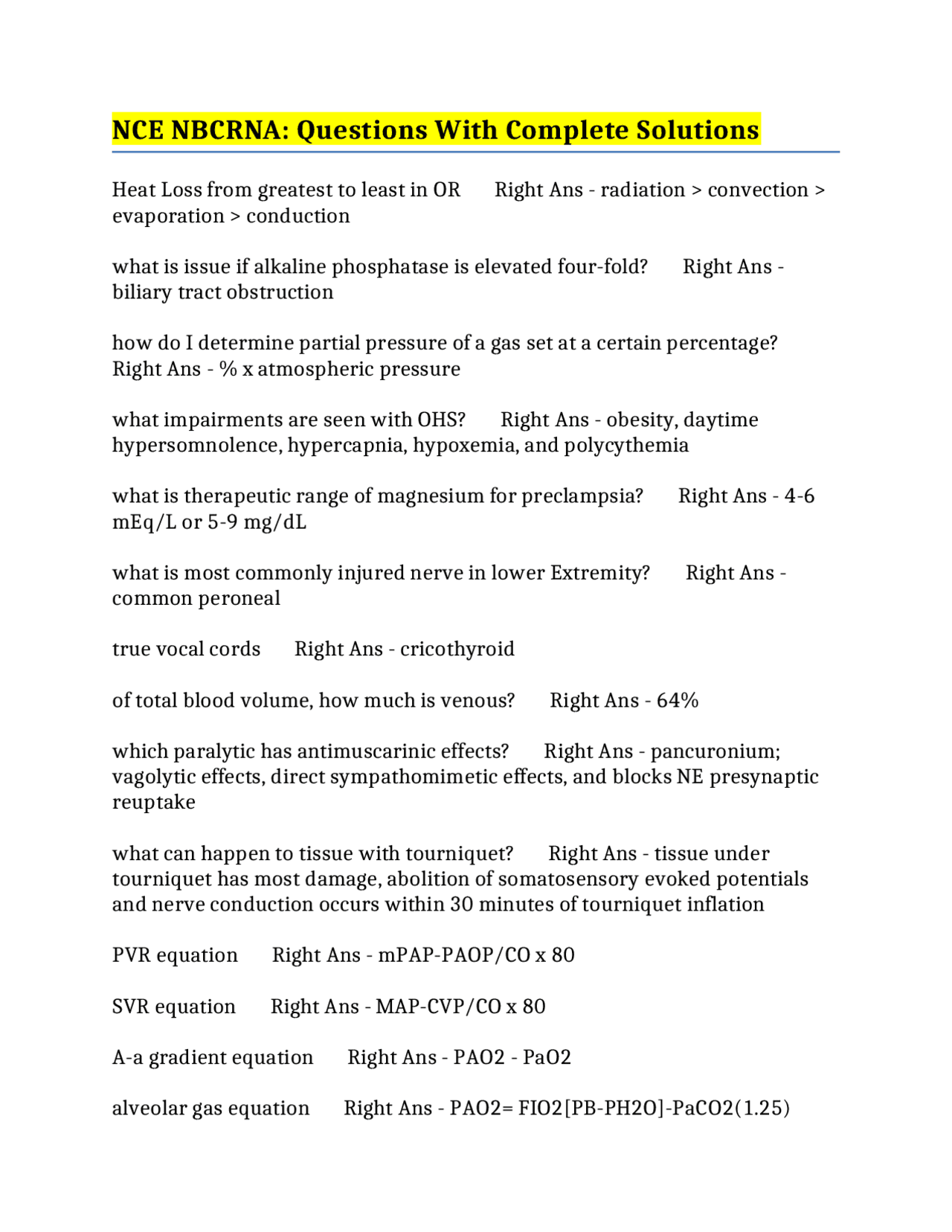 NCE NBCRNA: Questions and Answers for Anesthesia Exams | Exercises ...