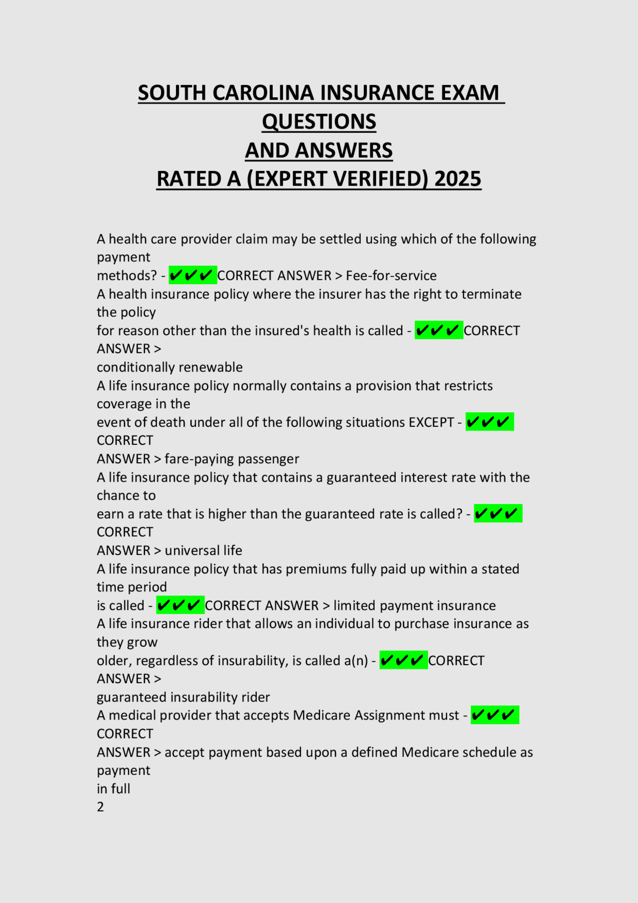 South Carolina Insurance Exam Questions and Answers | Exams Insurance ...