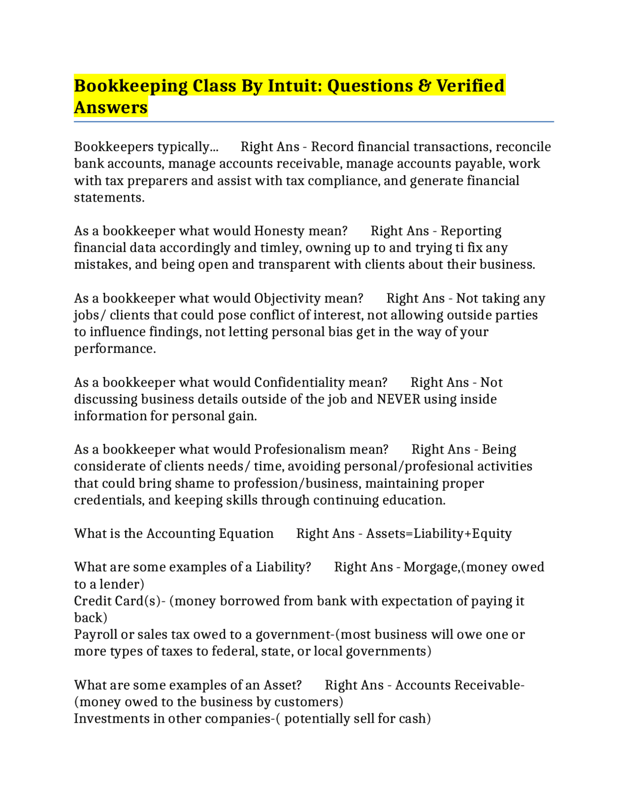 Bookkeeping Class By Intuit: Questions & Verified Answers | Exams ...