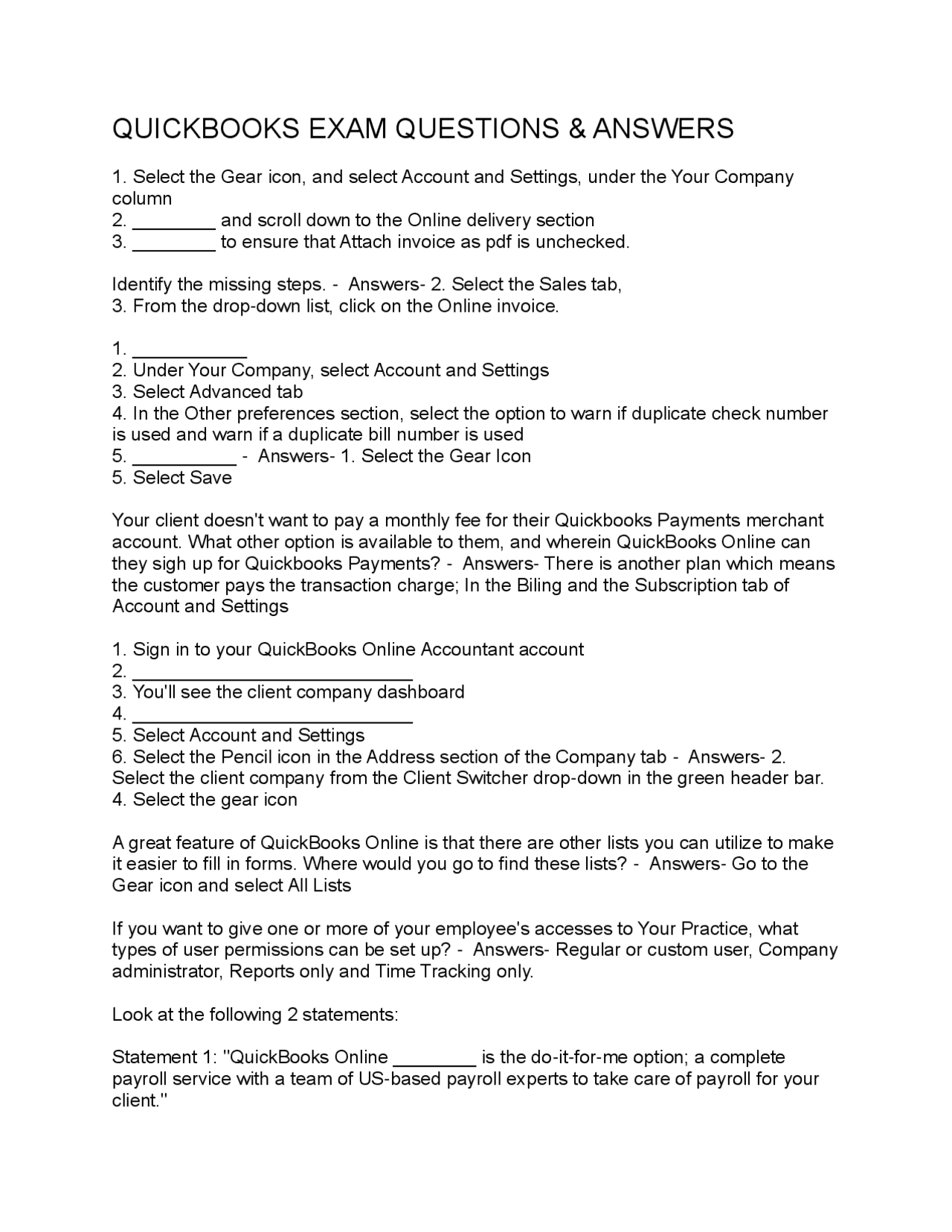 QuickBooks Online Exam Questions and Answers | Exams Social Sciences ...