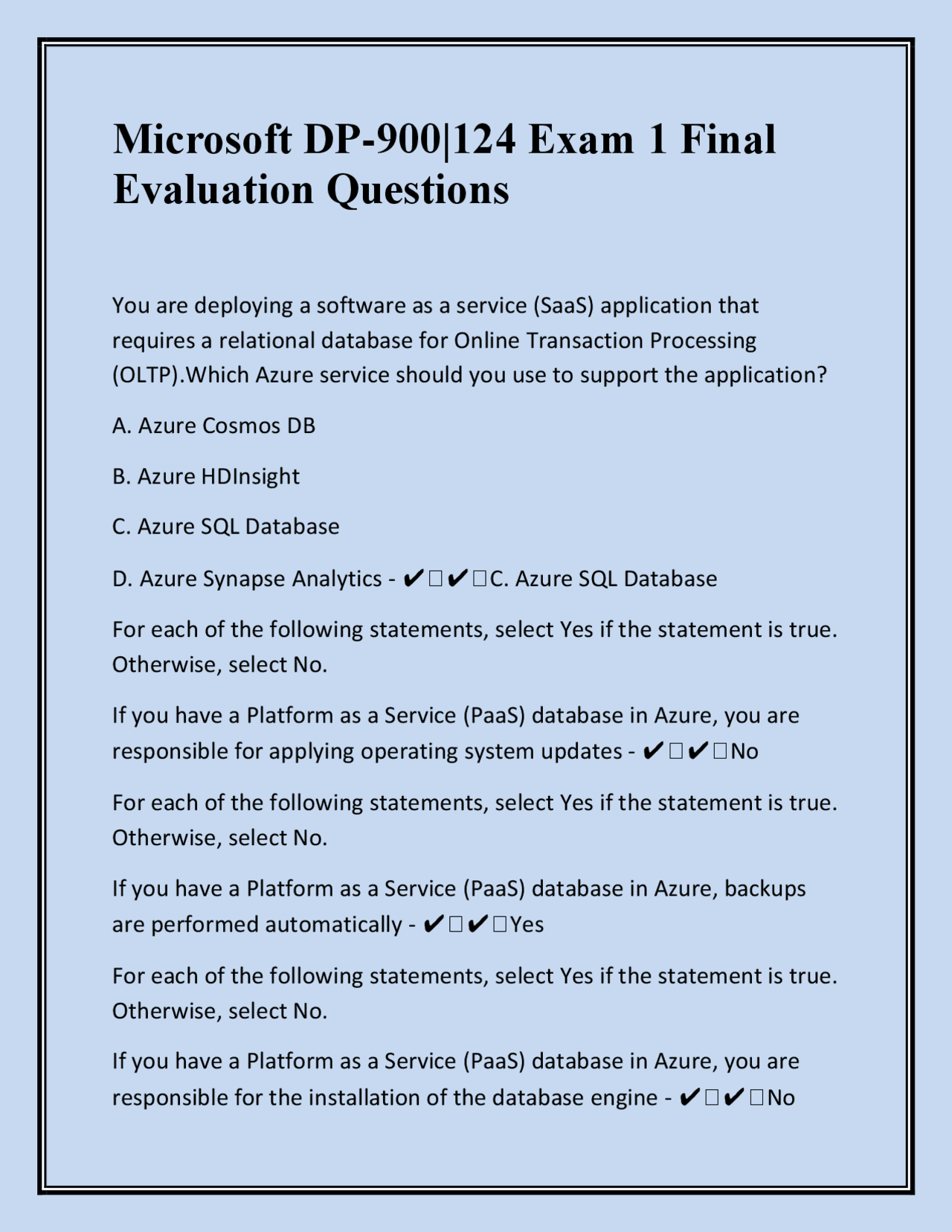 Microsoft DP-900 Exam 1 Final Evaluation Questions | Exams Computer Science | Docsity