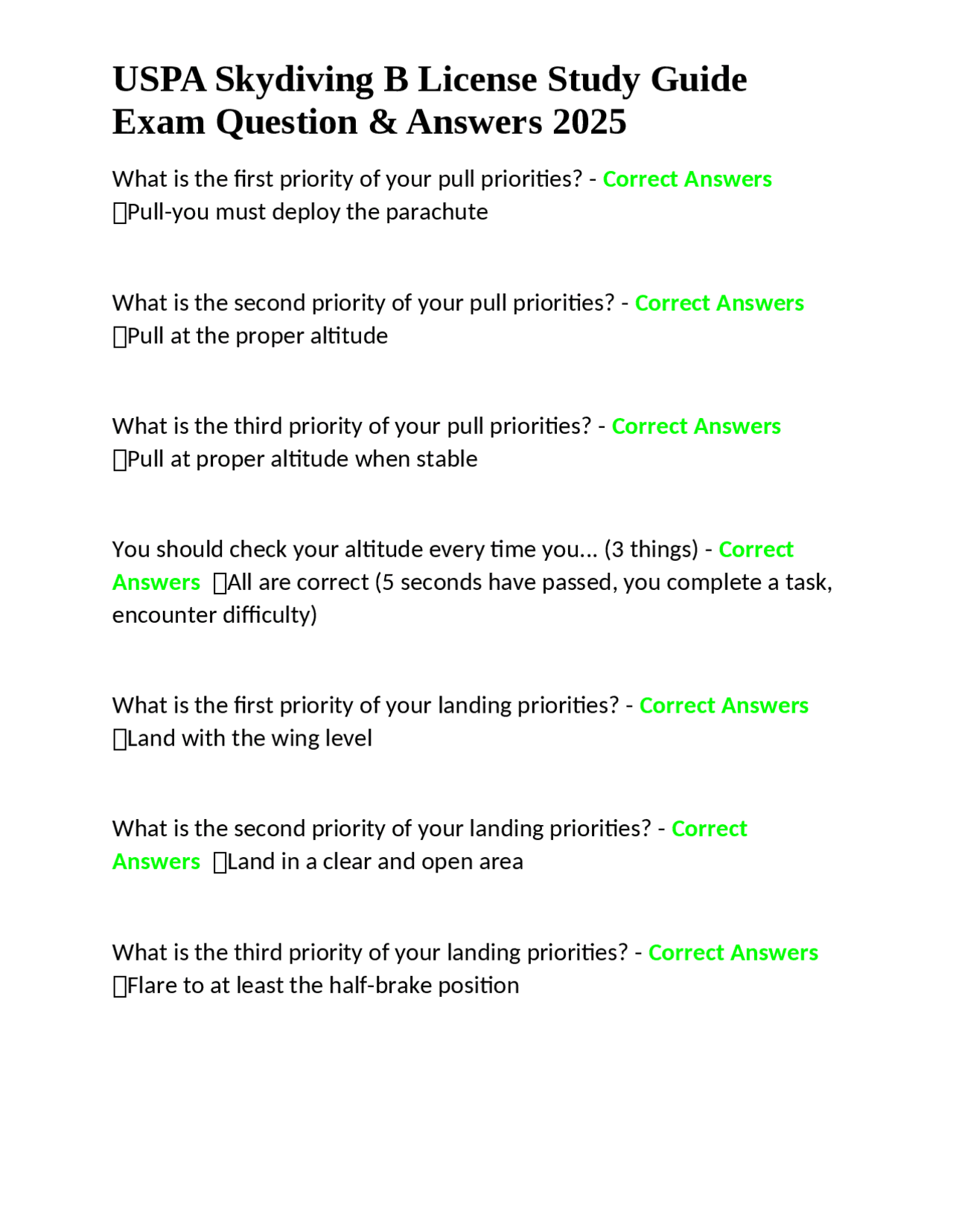 USPA Skydiving B License Study Guide Exam Question & Answers 2025 ...