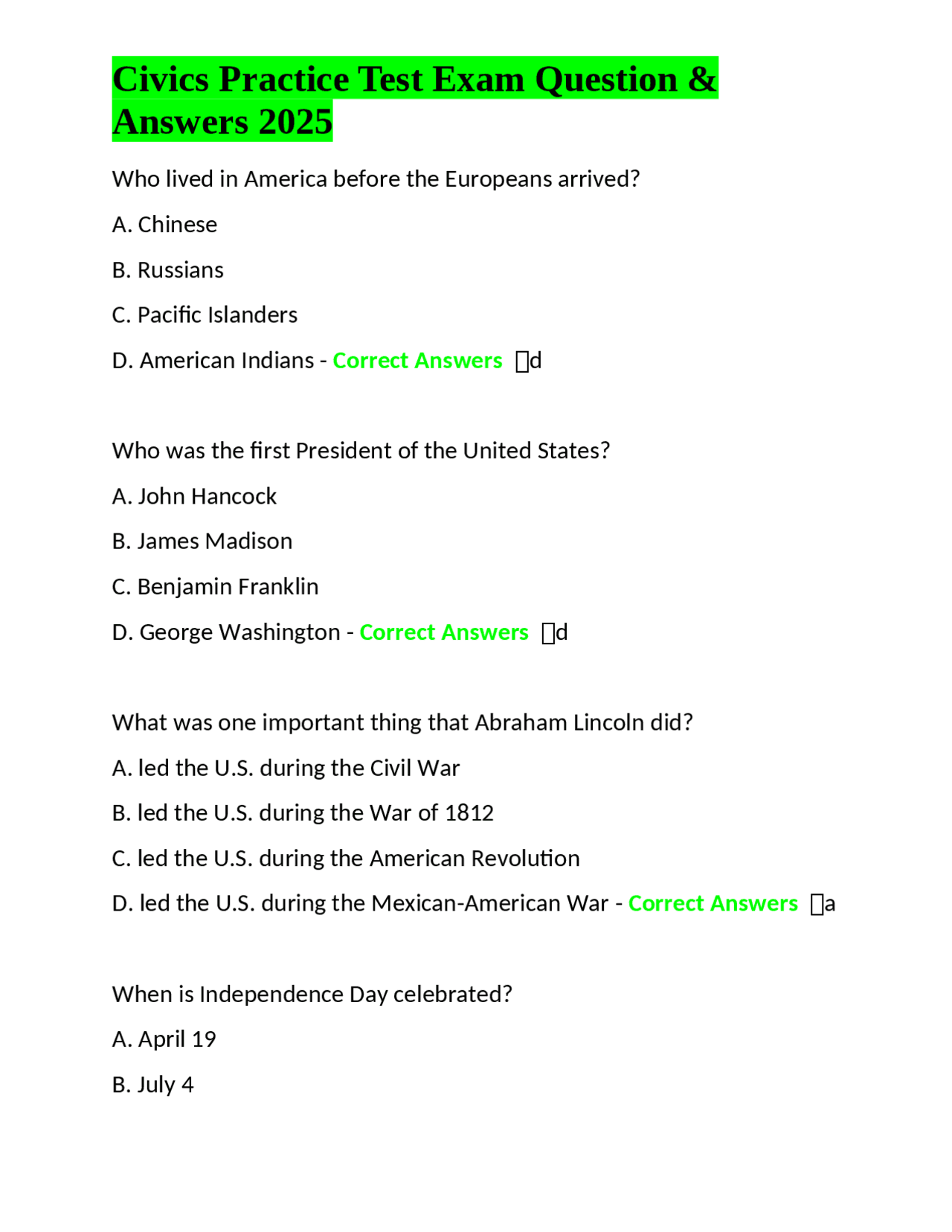 Civics Practice Test Exam Questions & Answers 2025 | Exams Nursing ...