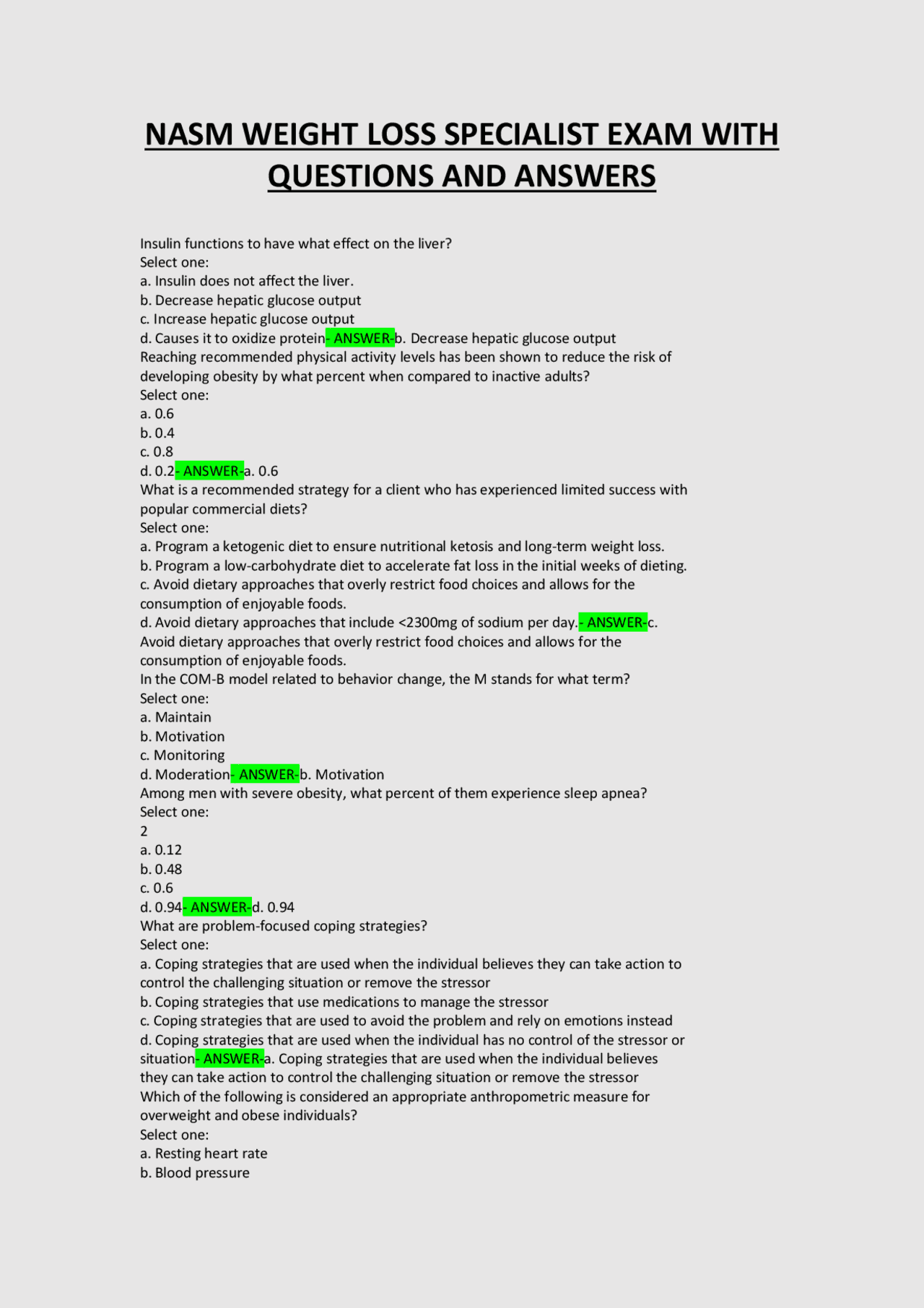 NASM Weight Loss Specialist Exam Questions and Answers | Exams Training ...