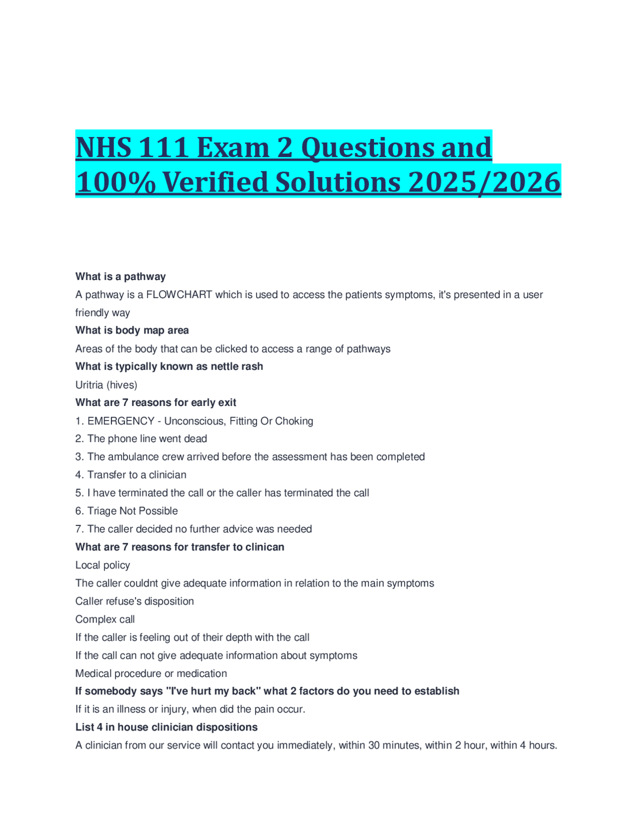 NHS 111 Exam 2 Questions and Answers: A Guide to Pathways, Symptoms ...