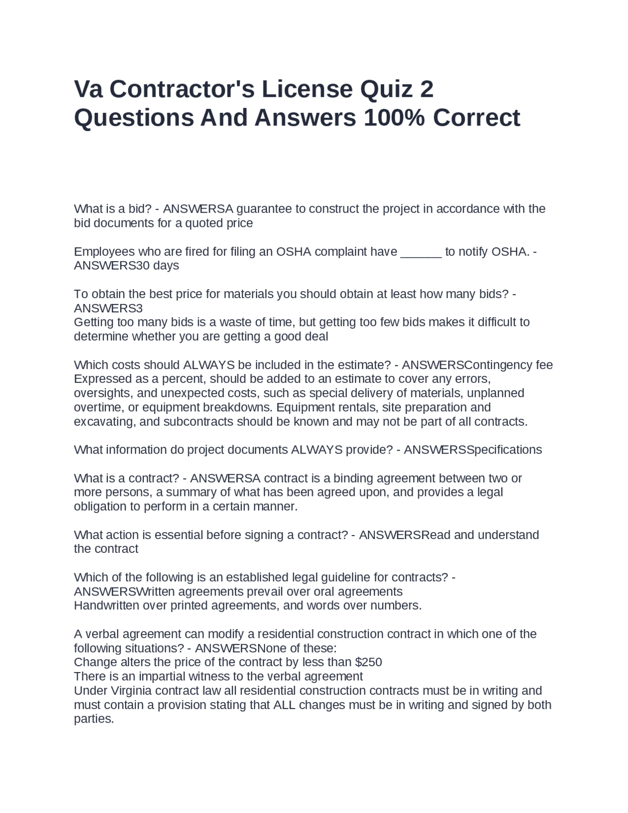 Virginia Contractor's License Quiz 2: Questions and Answers | Exams ...