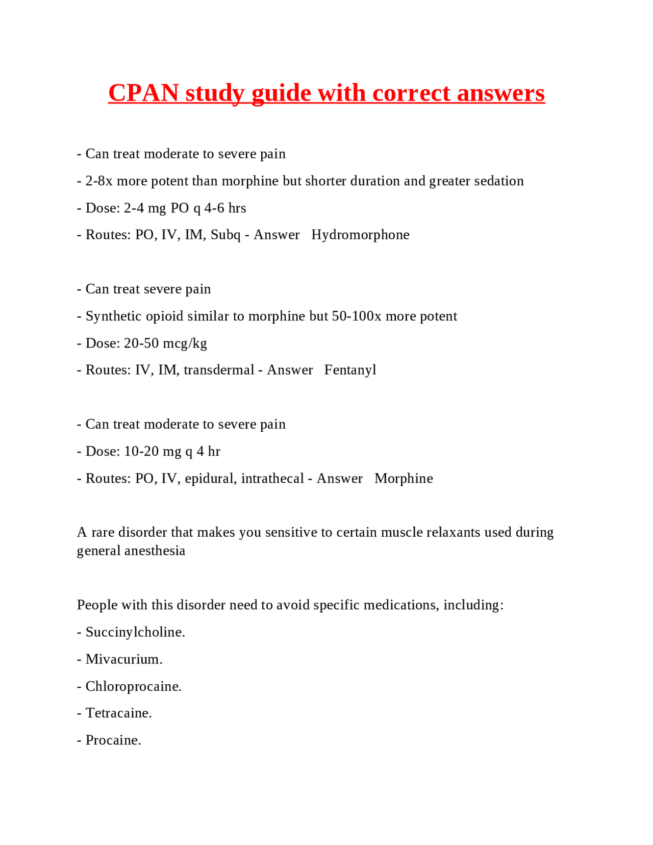 CPAN Study Guide with Correct Answers: Pharmacology, Anesthesia, and Critical Care | Exams ...