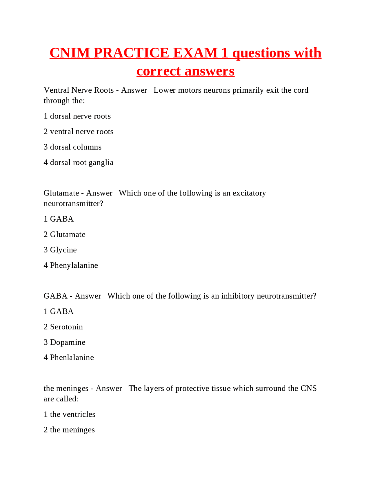 CNIM Practice Exam 1: Neuroanatomy and Neurophysiology Questions with ...