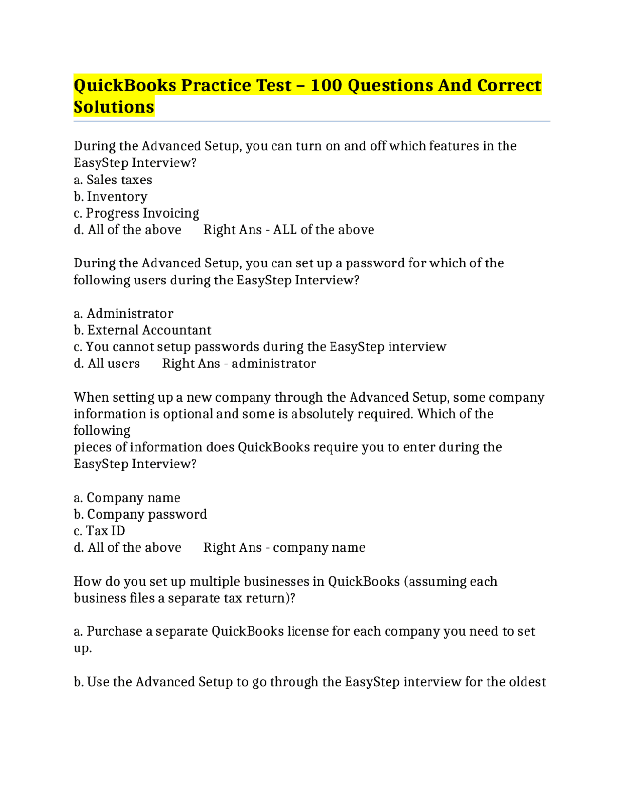 QuickBooks Practice Test: 100 Questions and Solutions | Exams Business ...