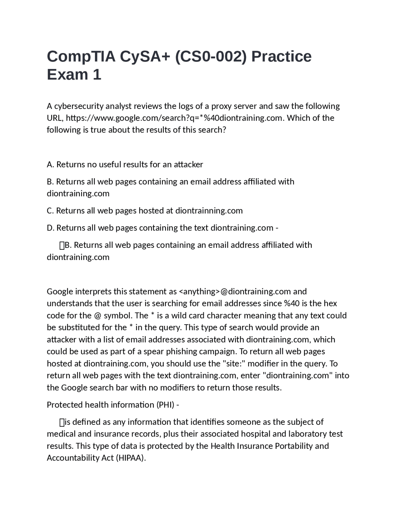 CompTIA CySA+ (CS0-002) Practice Exam 1: Cybersecurity Concepts and Techniques | Exams ...
