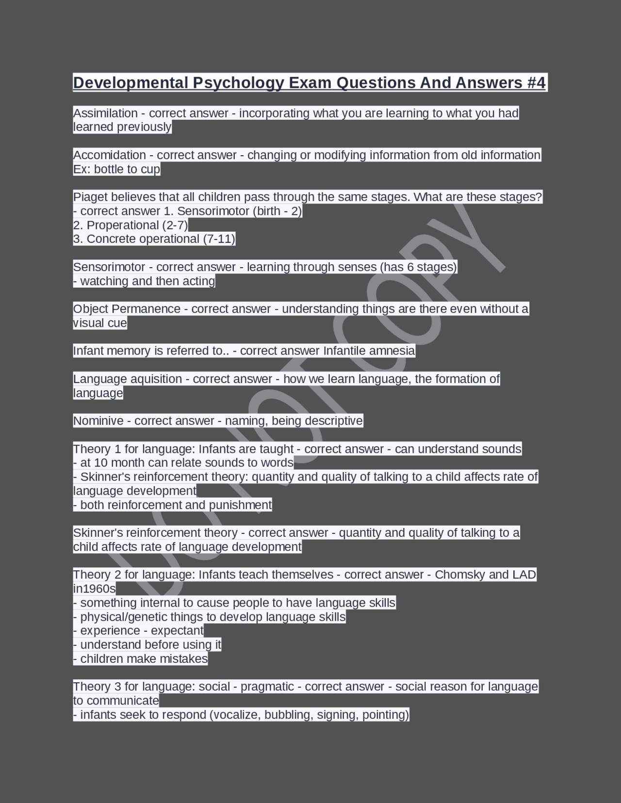 Developmental Psychology Exam: Questions and Answers #4 - Prof. Fishal ...