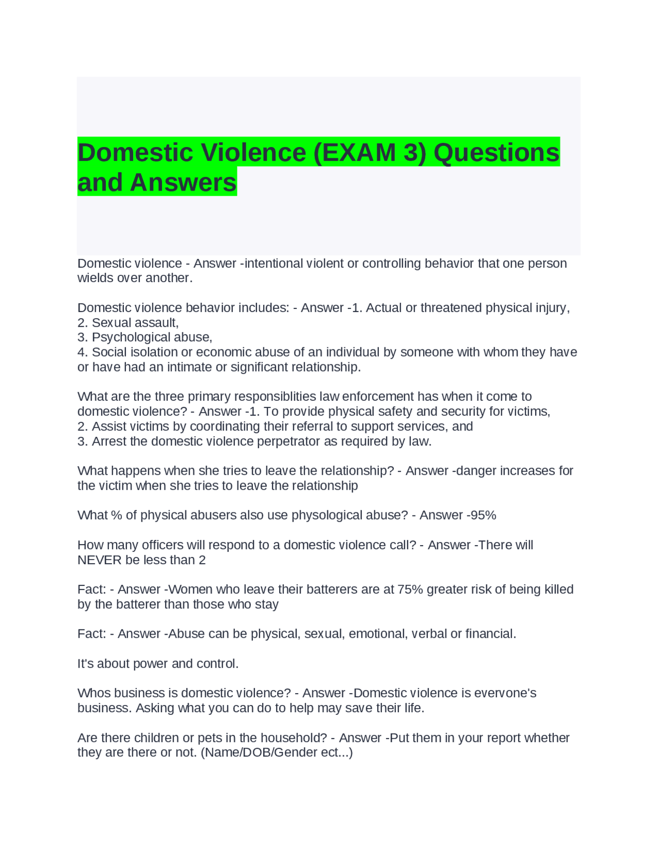 Domestic Violence: Questions and Answers for Exam 3 | Exams Advanced ...