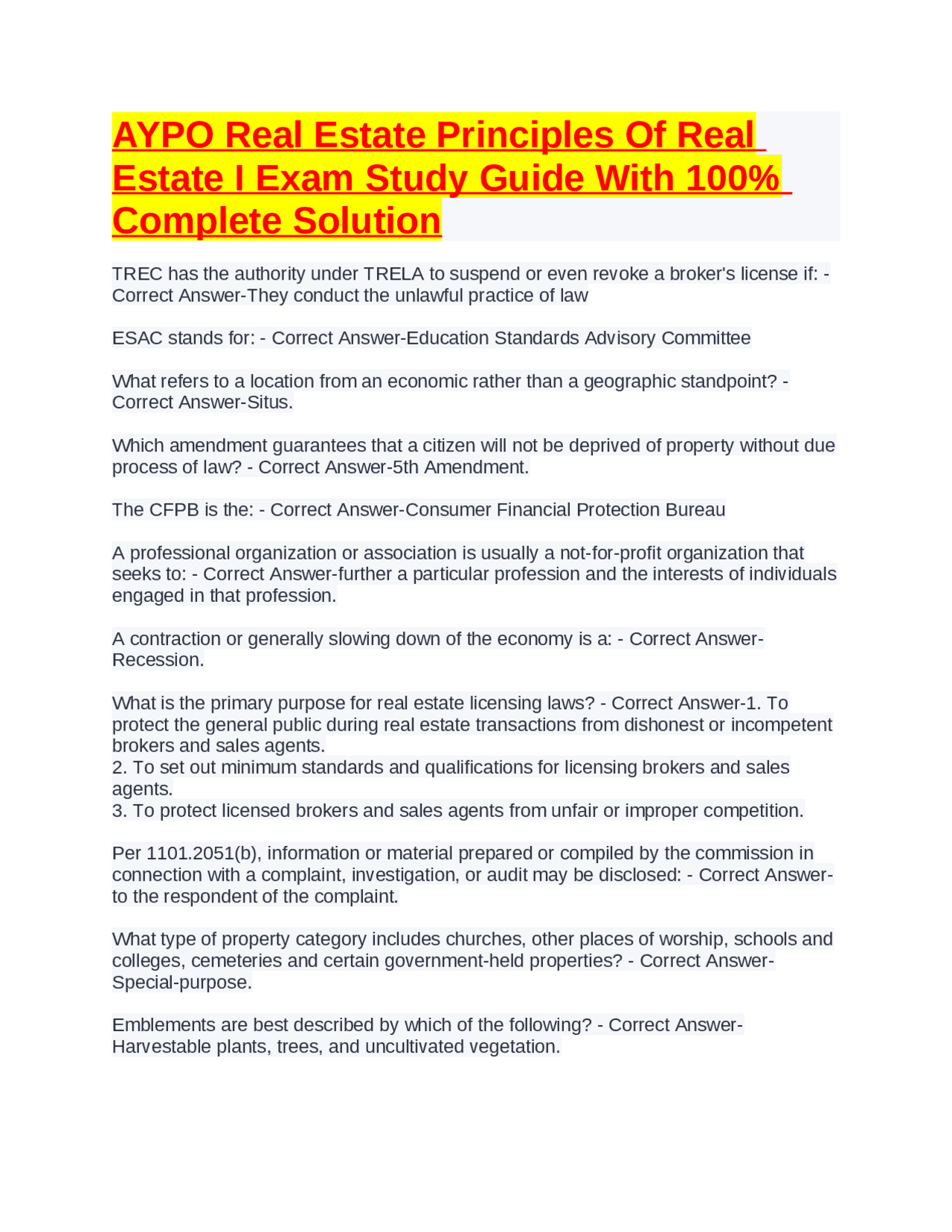 AYPO Real Estate Principles Of Real Estate I Exam Study Guide With 100% ...