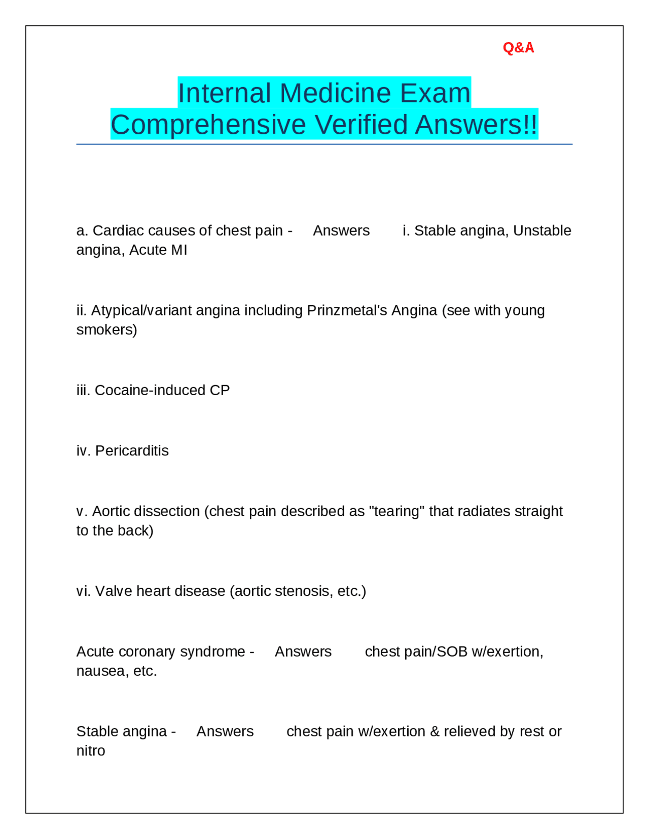Internal Medicine Exam: Comprehensive Verified Answers | Exams Nursing ...
