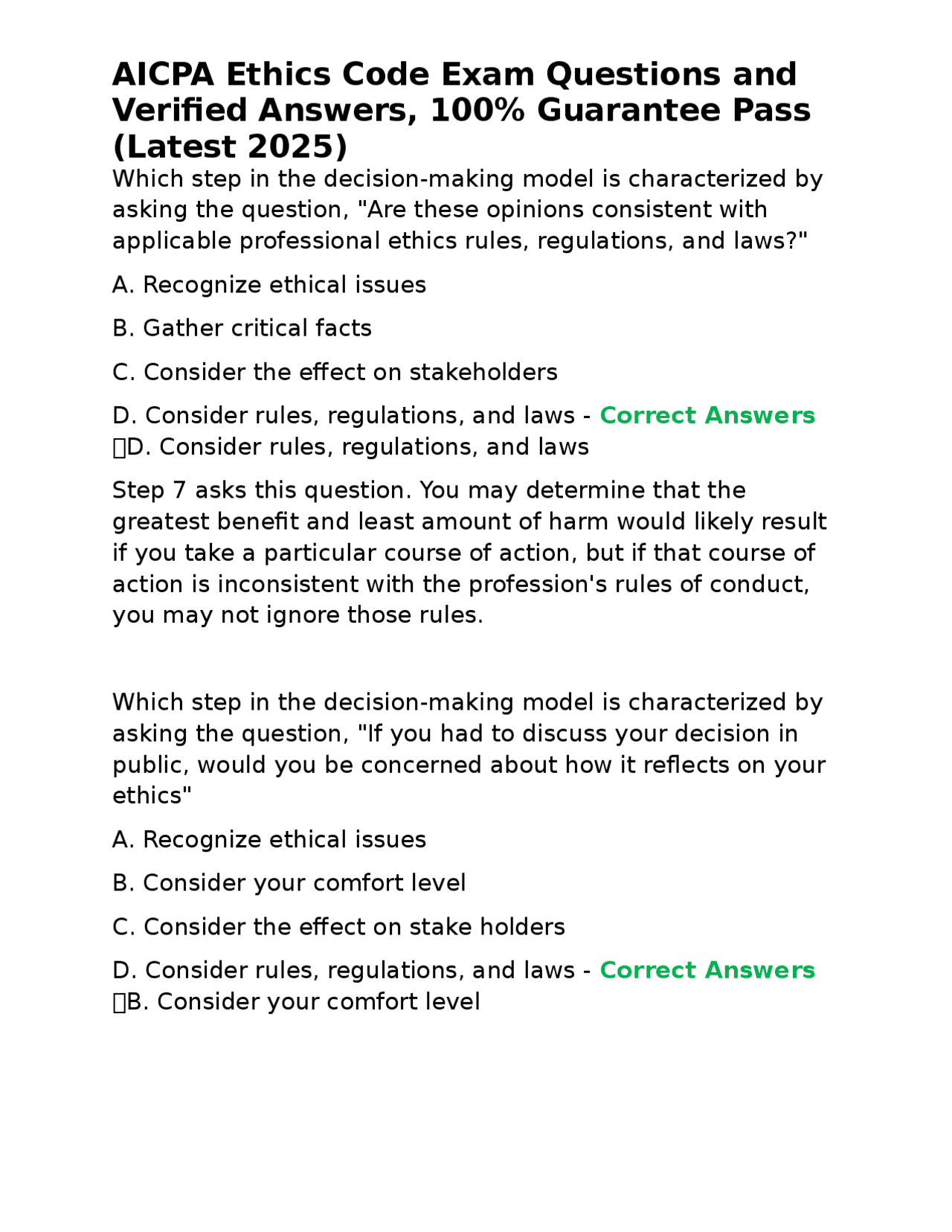 AICPA Ethics Code Exam Questions and Verified Answers, 100% Guarantee ...