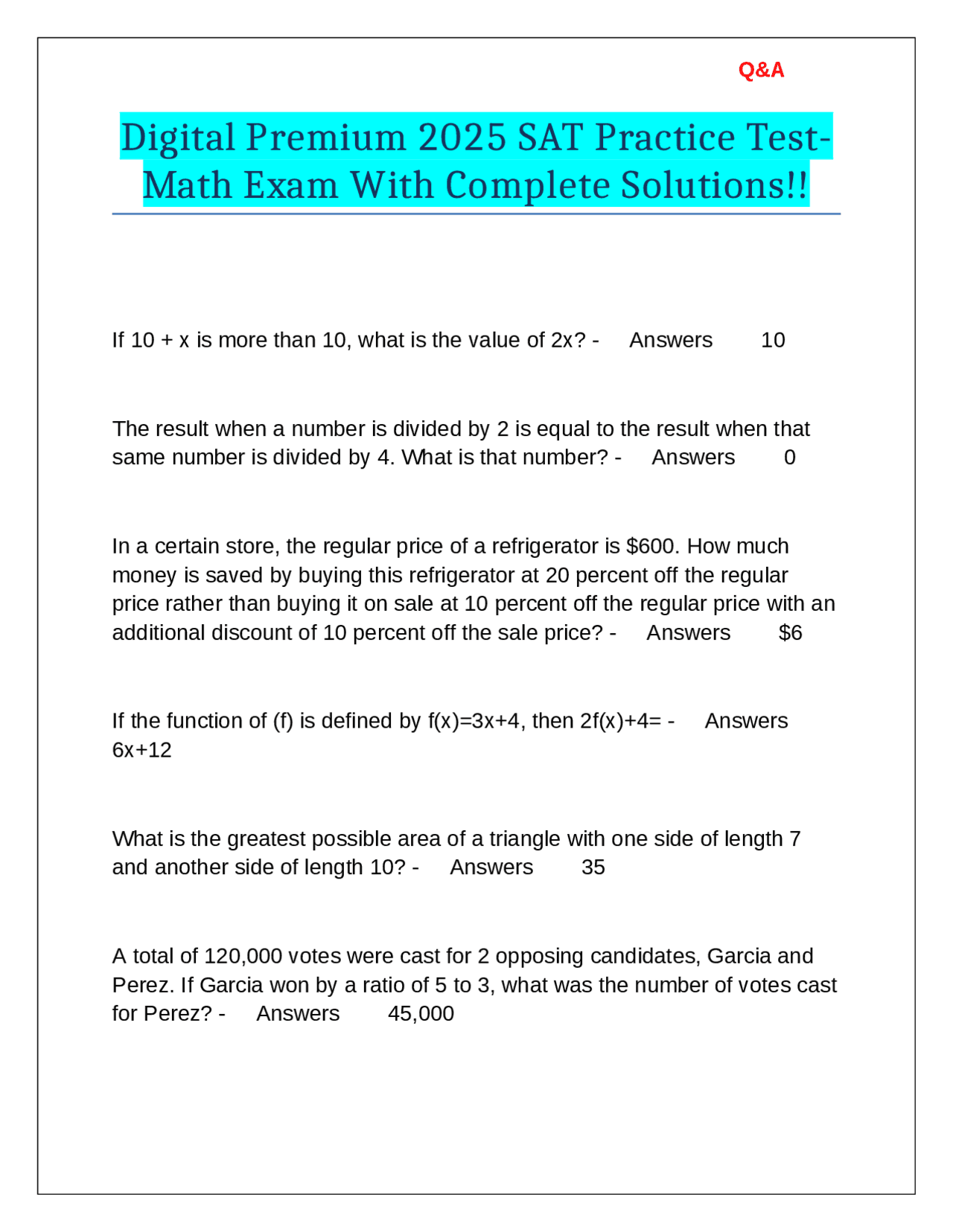 SAT Practice Test - Math Exam With Complete Solutions | Exams Nursing ...
