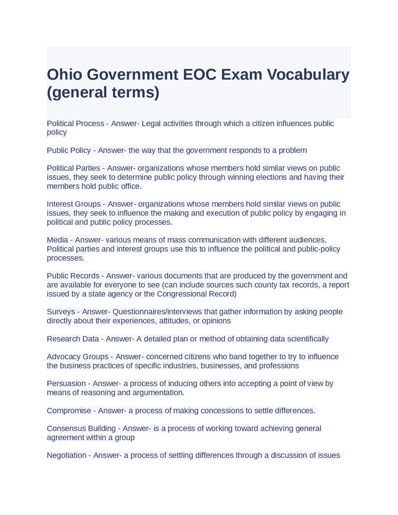 Ohio Government EOC Exam Vocabulary: Key Terms and Definitions | Exams ...