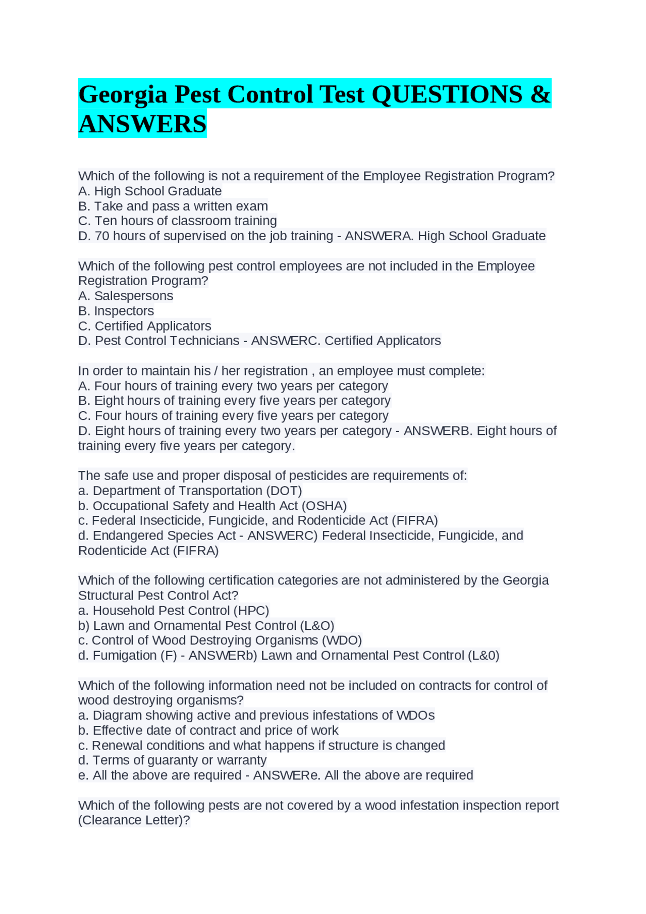 Georgia Pest Control Test QUESTIONS & ANSWERS | Exams Pest Management ...