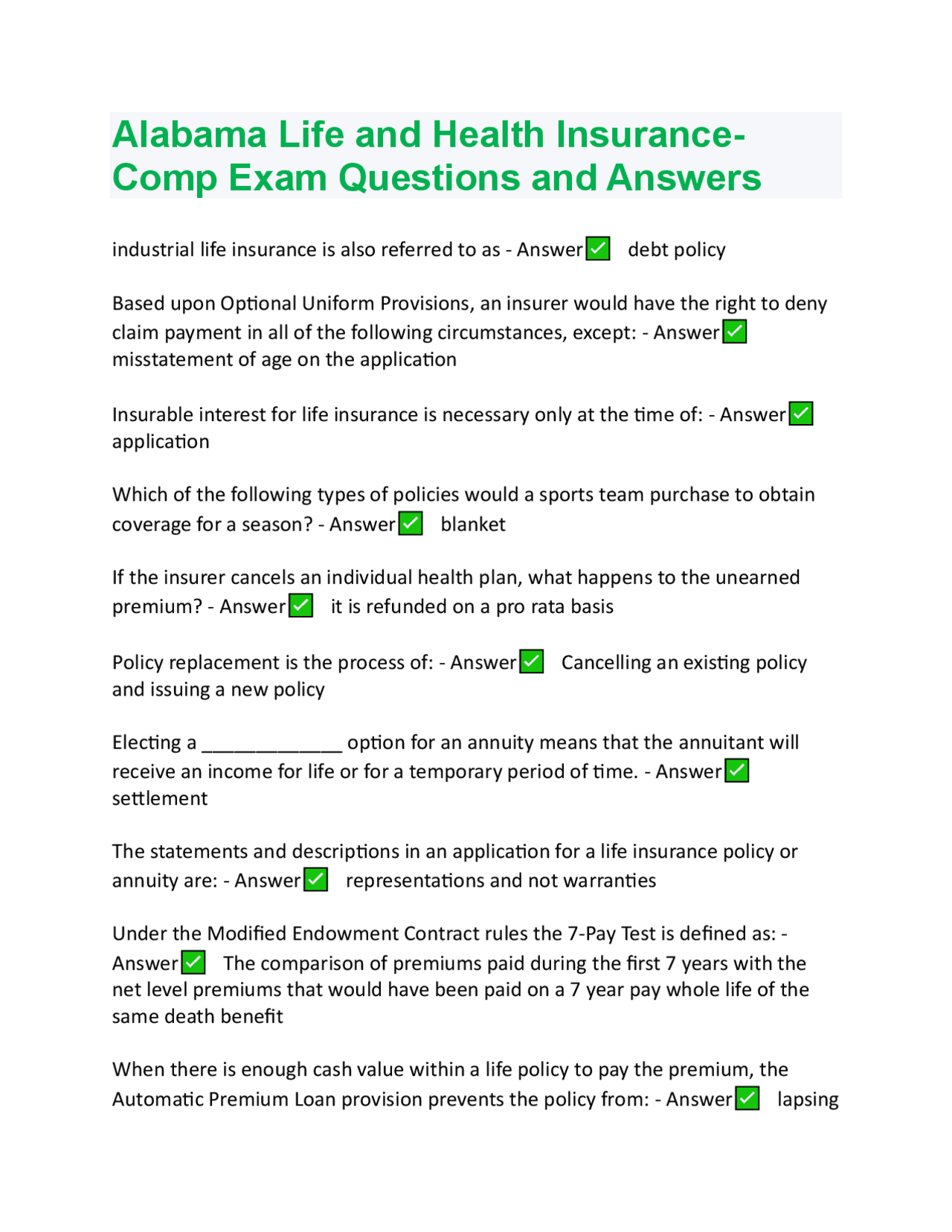 Alabama Life and Health Insurance Exam Questions and Answers | Exams ...