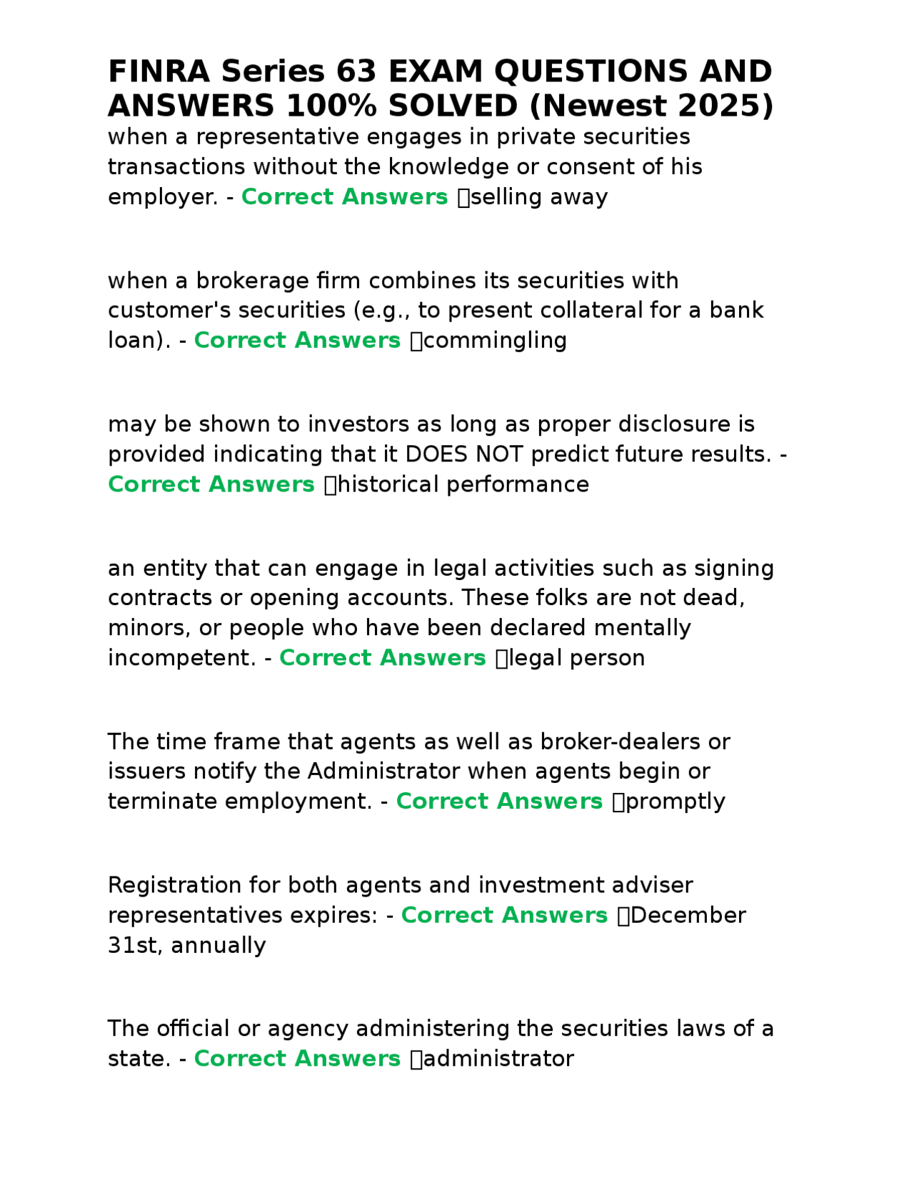 FINRA Series 63 Exam Questions and Answers | Exams Nursing | Docsity