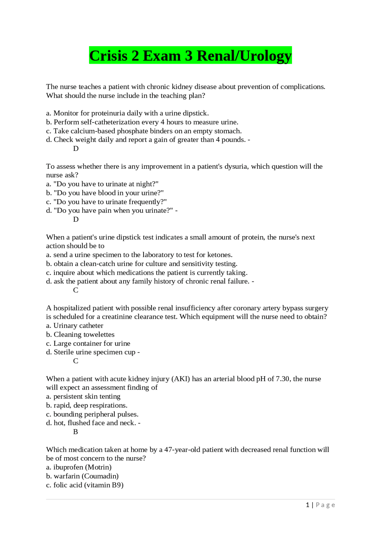 Renal/Urology Exam Questions and Answers | Exams Nursing | Docsity