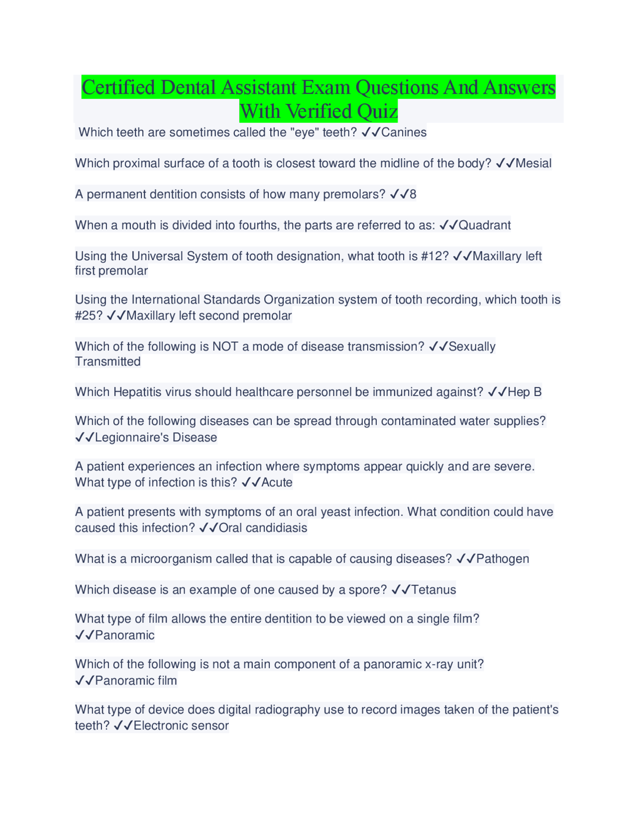 Certified Dental Assistant Exam Questions And Answers With Verified ...