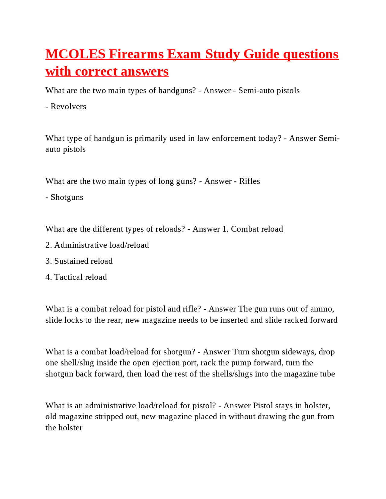 Firearms Safety and Handling: MCOLES Exam Study Guide | Exams Law | Docsity