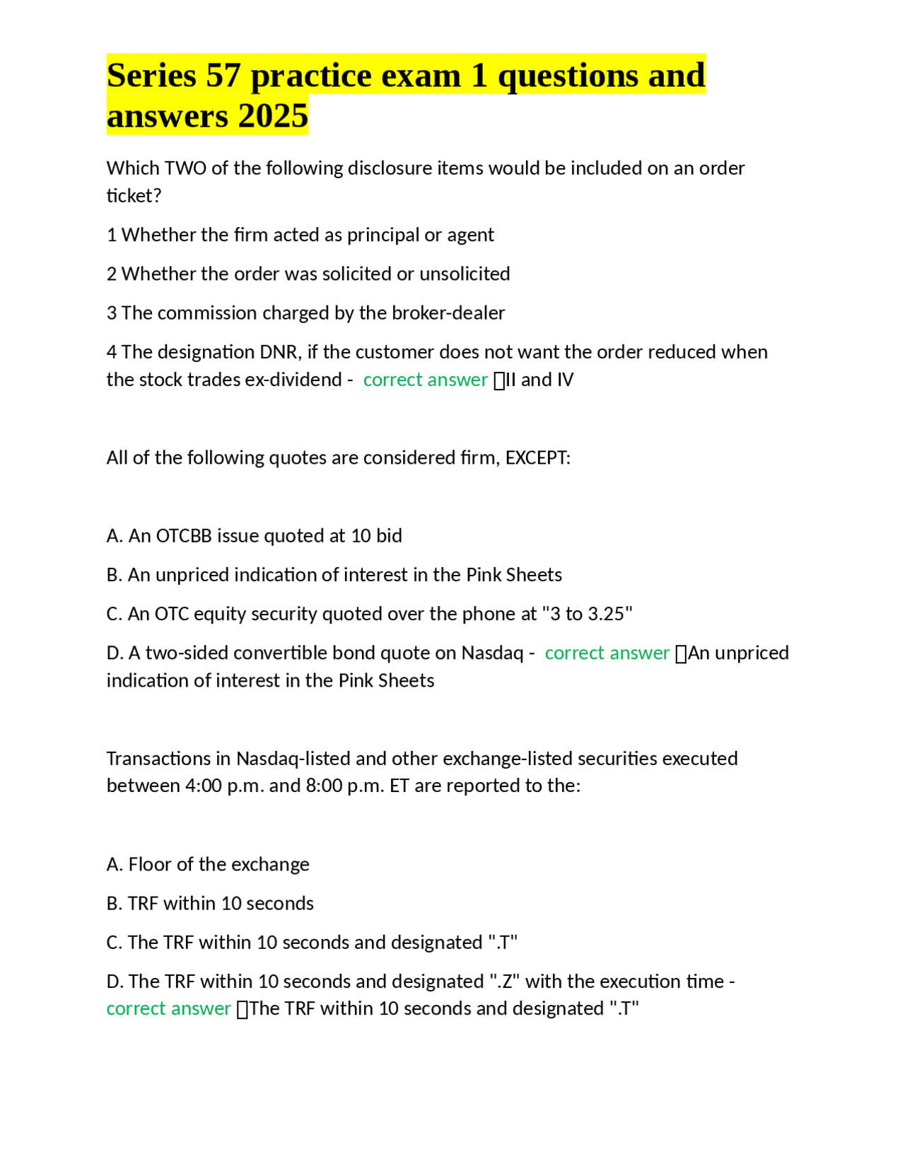 Series 57 Practice Exam 1 Questions and Answers 2025 | Exams Investment ...
