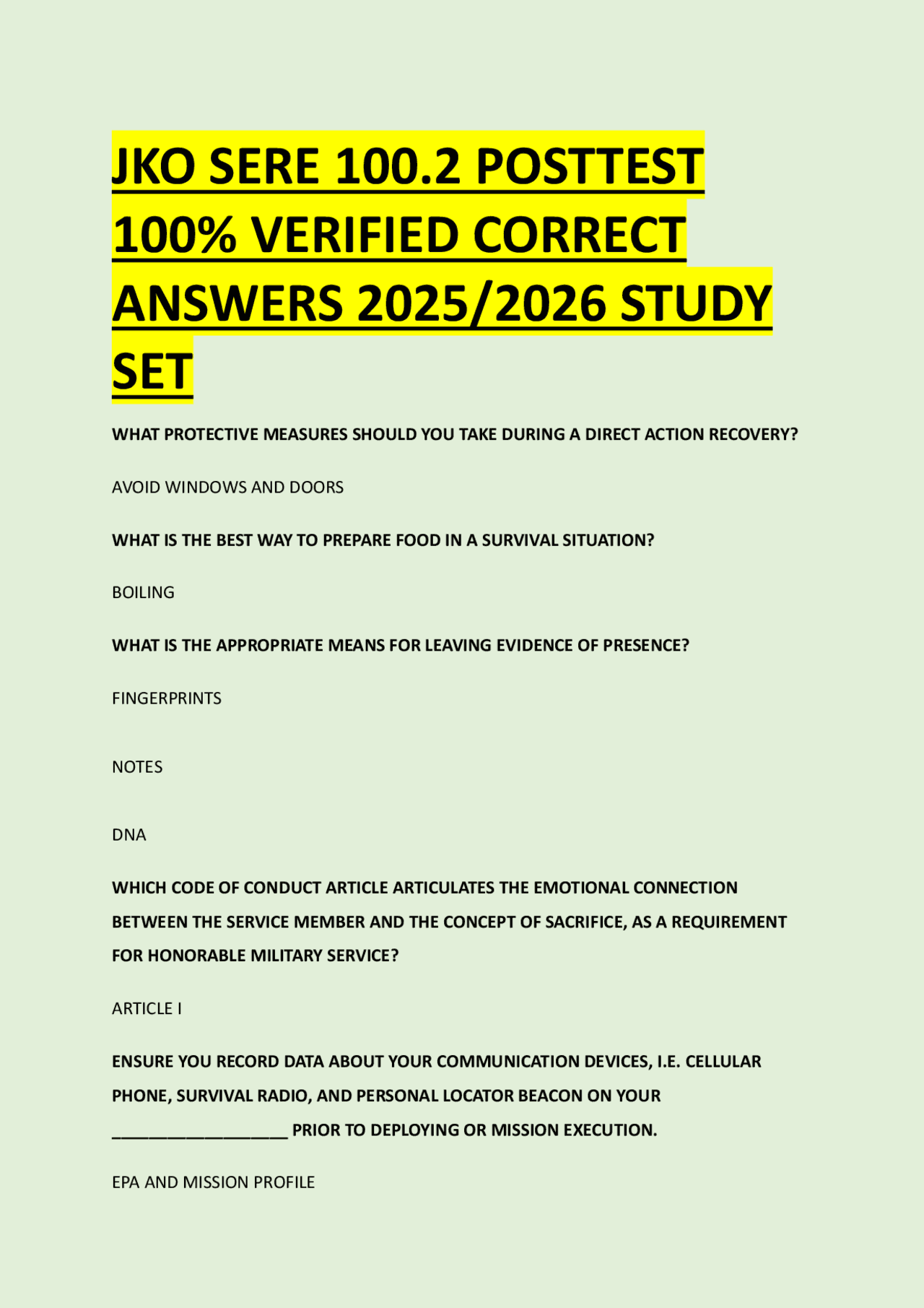 JKO SERE 100.2 POSTTEST 100% VERIFIED CORRECT ANSWERS 2025/2026 STUDY ...