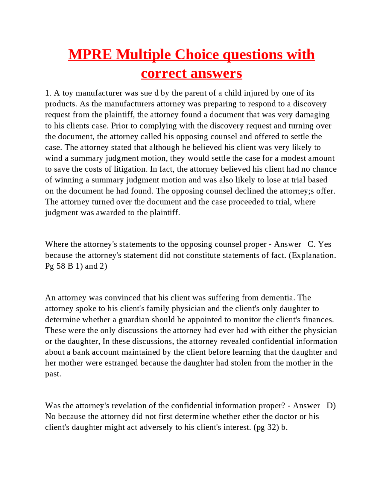 MPRE Multiple Choice Questions with Correct Answers | Exams Law | Docsity