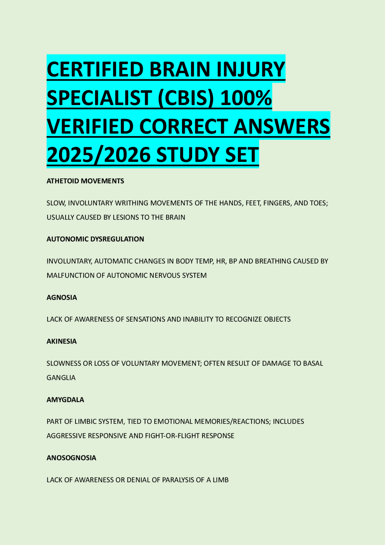 CERTIFIED BRAIN INJURY SPECIALIST (CBIS) 100% VERIFIED CORRECT ANSWERS ...
