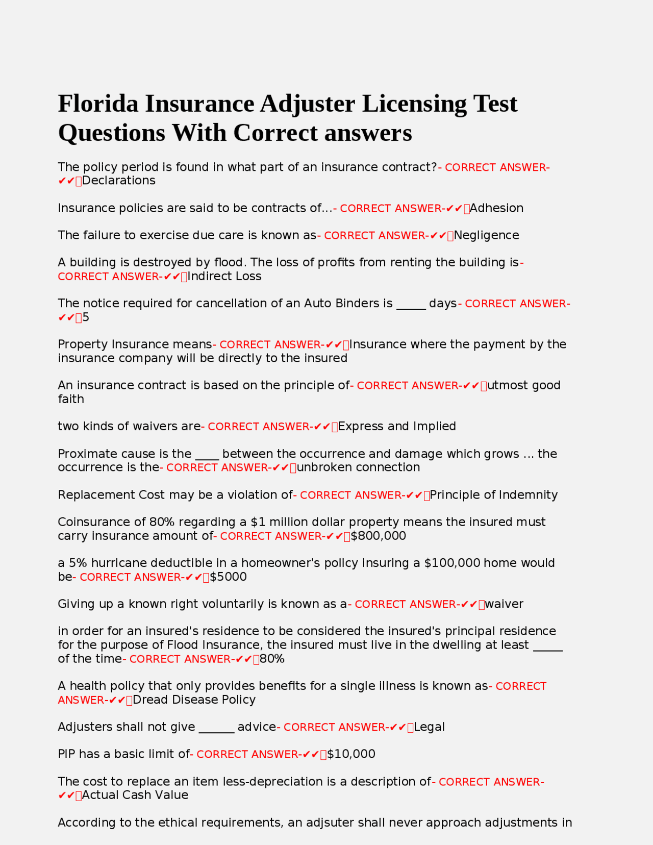 Florida Insurance Adjuster Licensing Test Questions With Correct ...