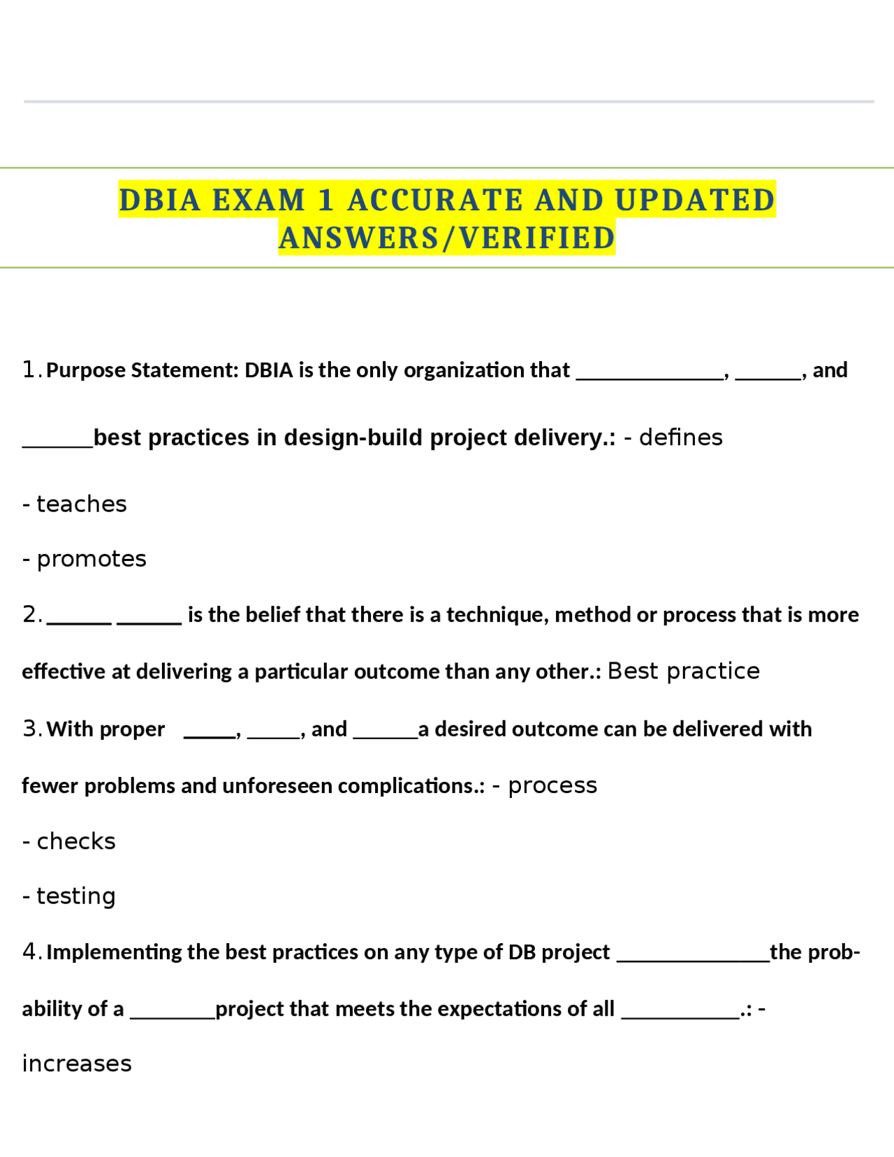 DBIA EXAM 1 ACCURATE AND UPDATED ANSWERS/VERIFIED | Exams Nursing | Docsity